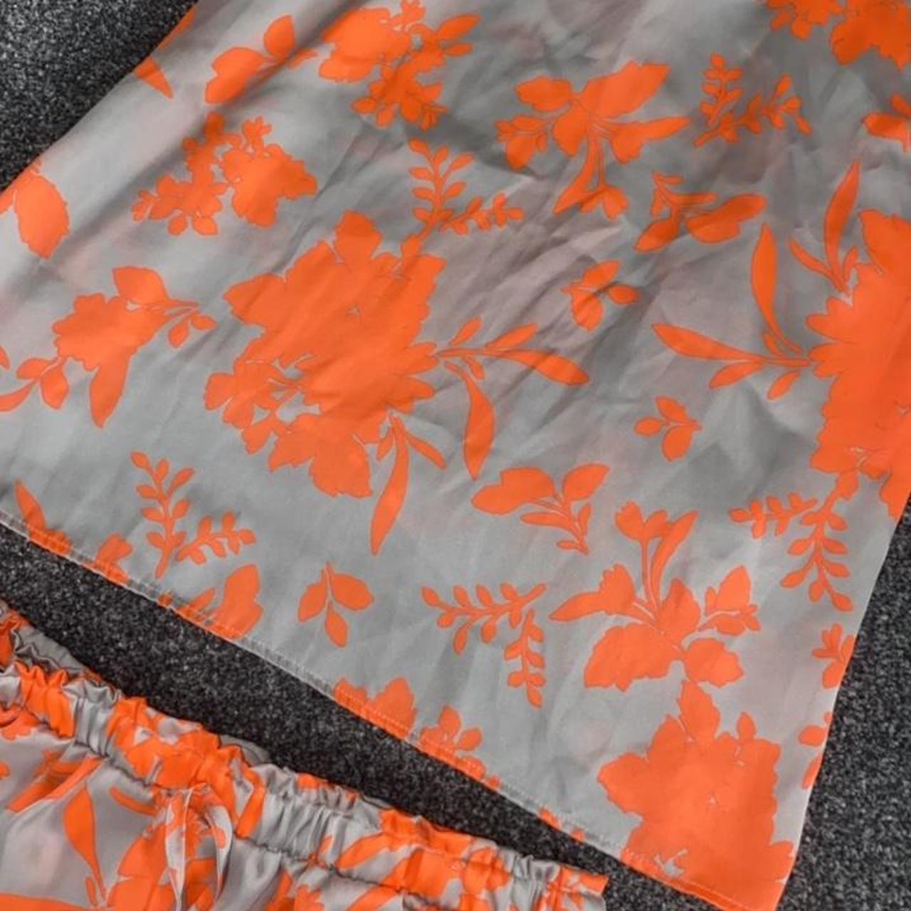 PRIMARK Silver and neon orange short satin pyjamas... - Depop