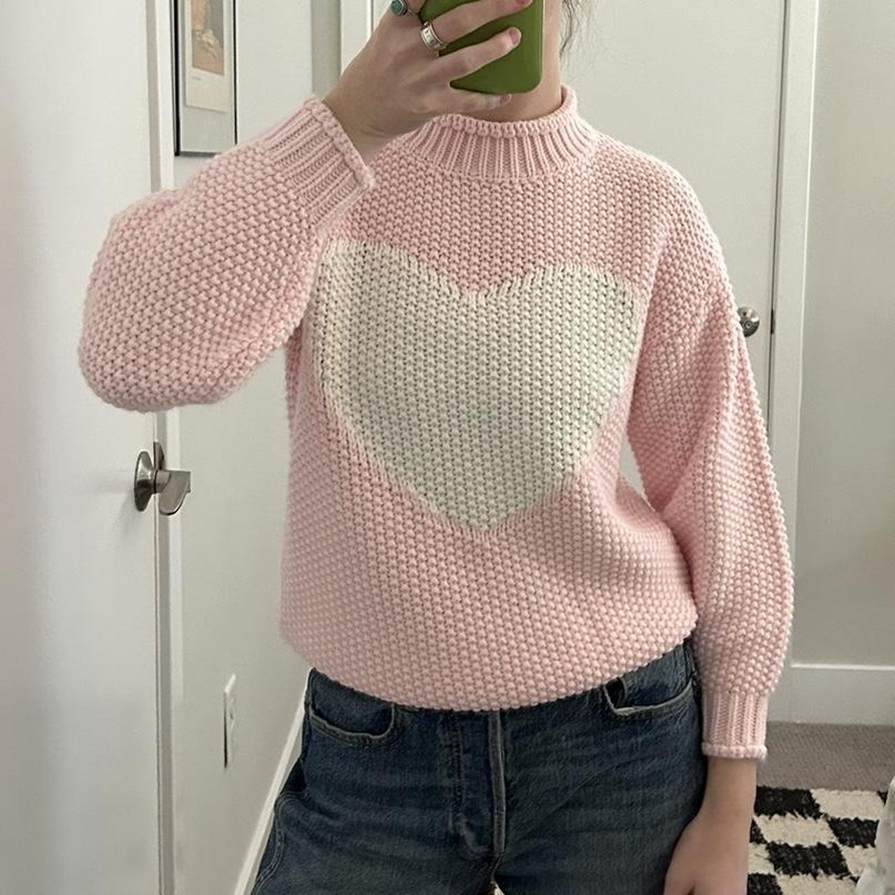 Pink and white knit heart sweater... - Depop