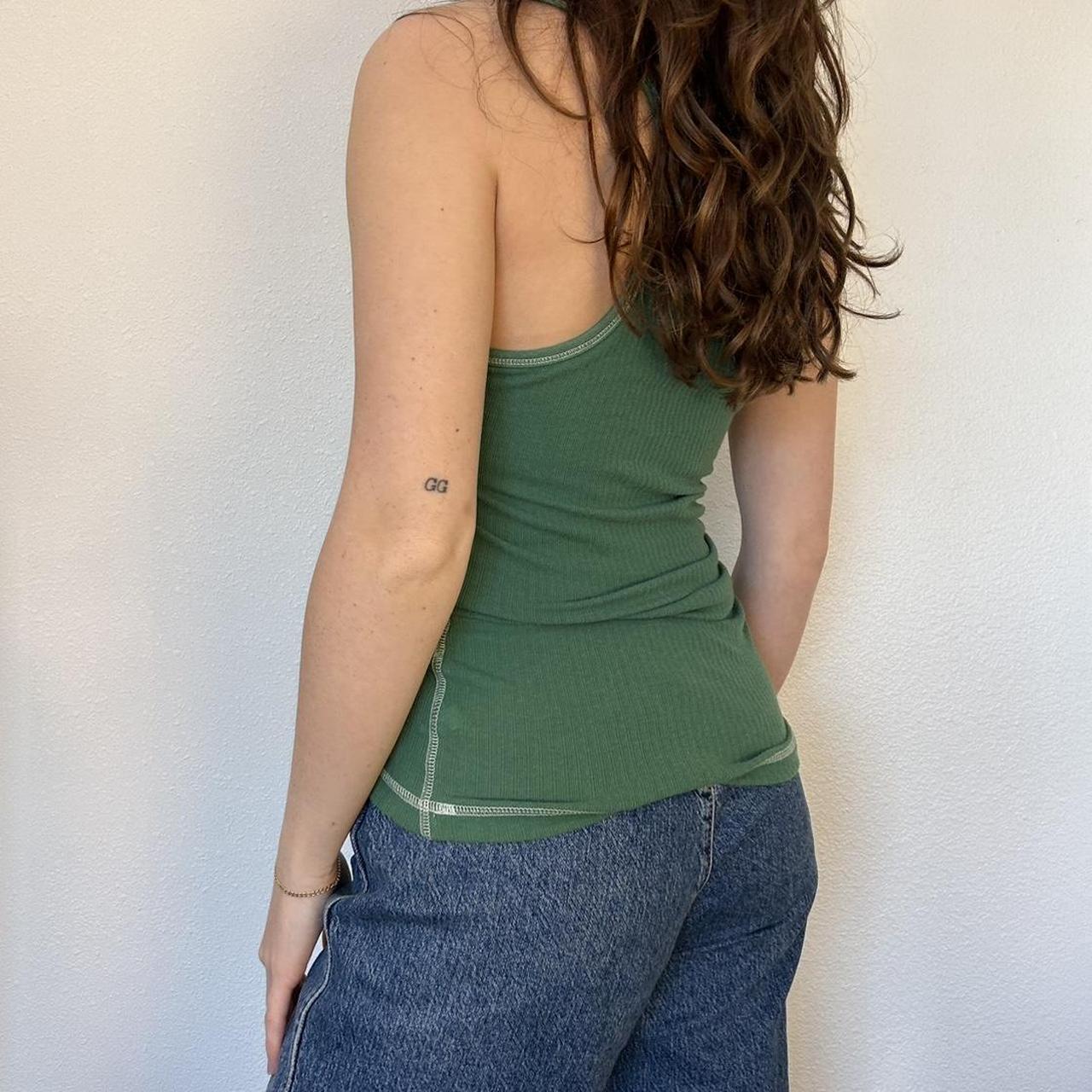 y2k green racer back tank with white stitching ⭐️... | Depop