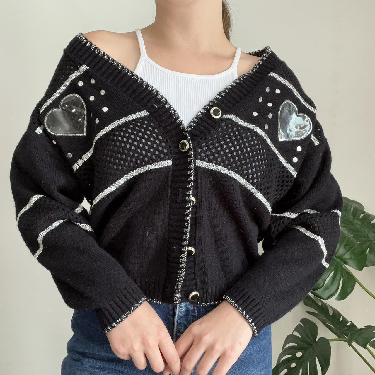 80s METALLIC HEART CARDIGAN 🖤🤖 Super cute vintage... - Depop