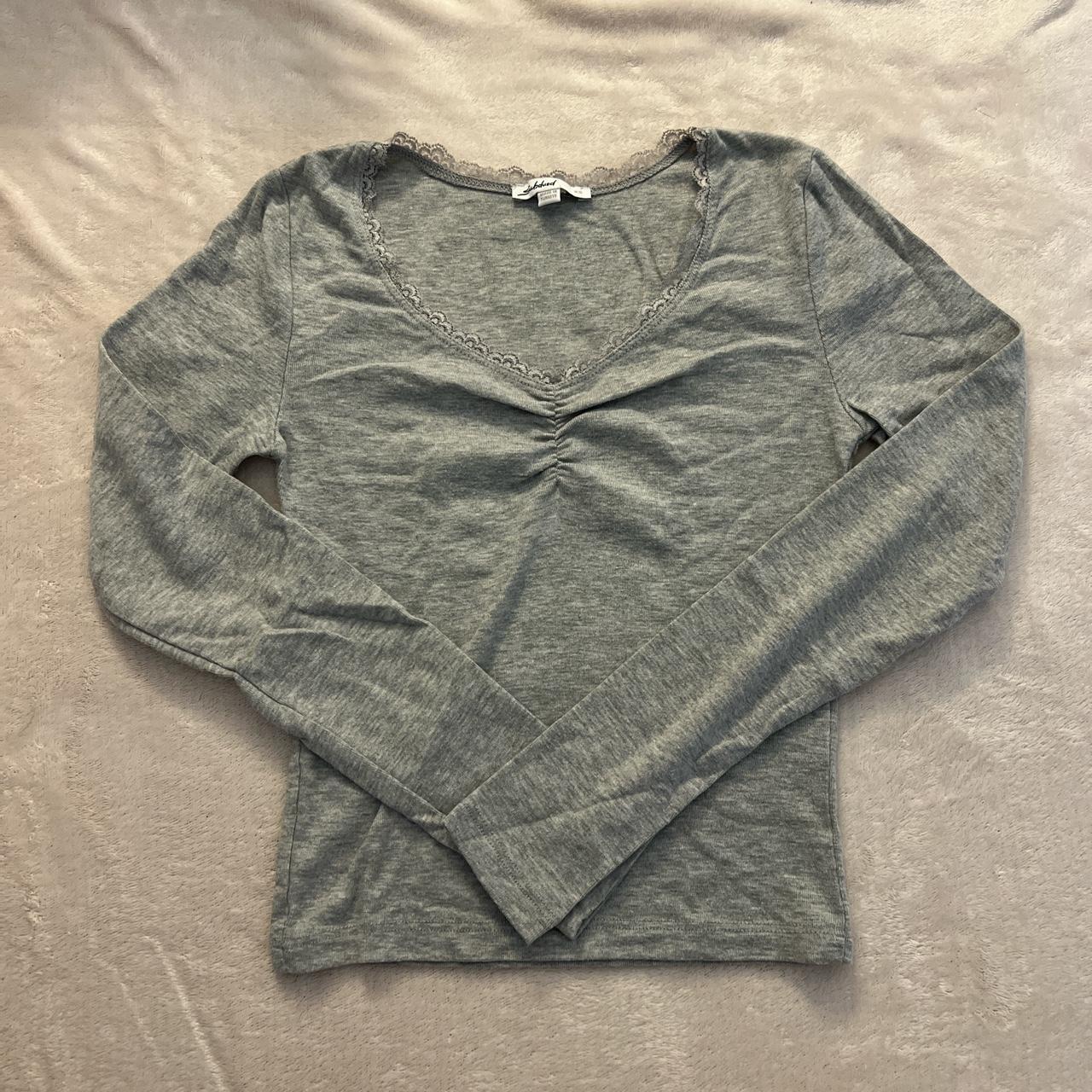 lightly worn gray subdued lace trim long sleeve top... - Depop