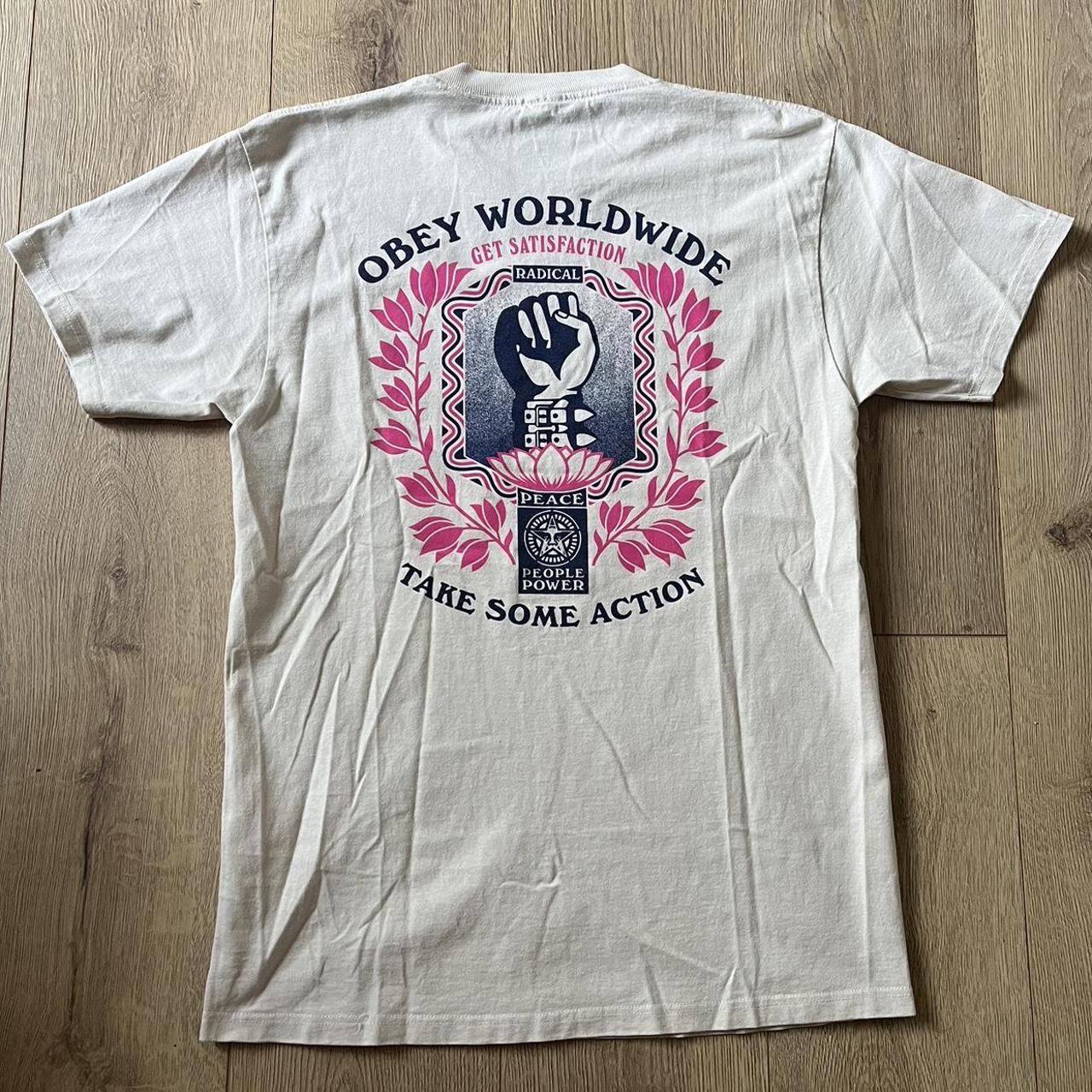 OBEY LARGE BACK PRINT TEE ️Size medium ️Cream/Beige... - Depop