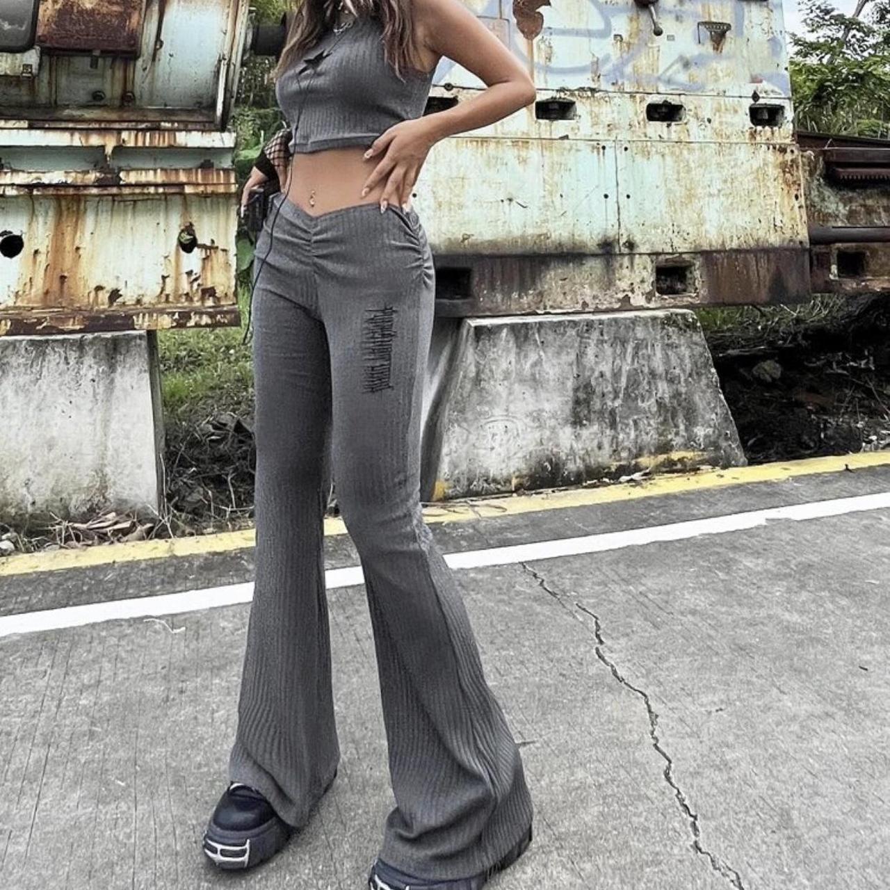 Ruched bum ribbed grey flares. Low waisted size... - Depop