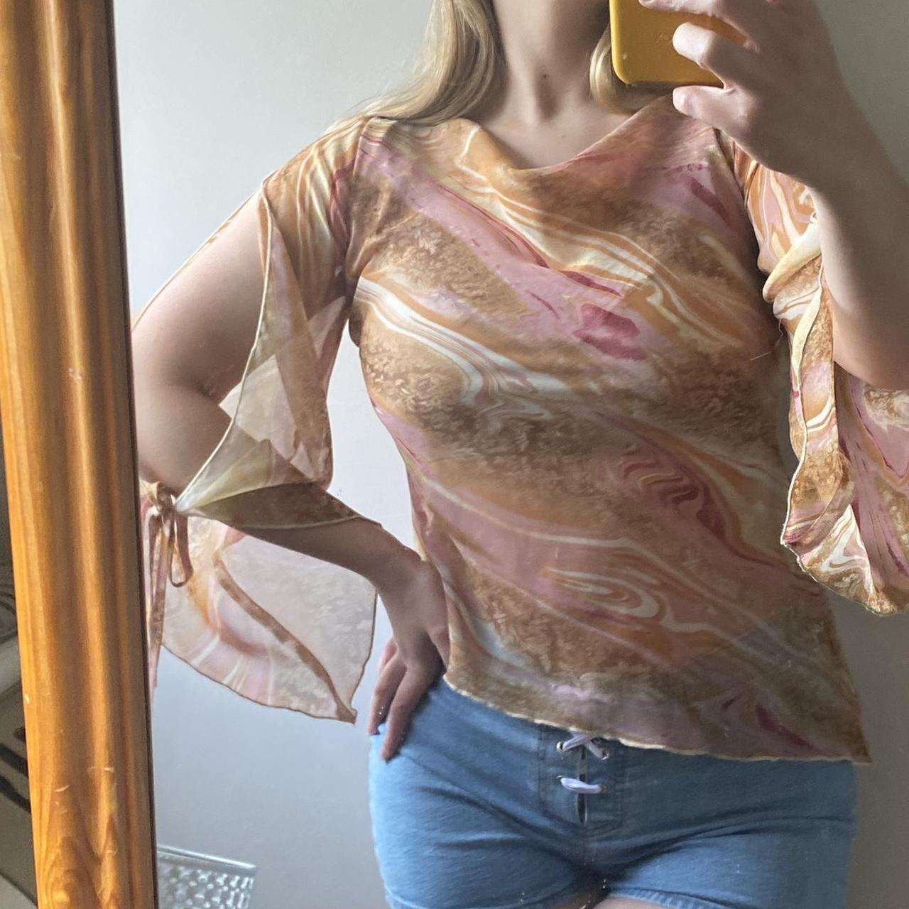 Sheer pink and orange mesh top with cut out bell... - Depop