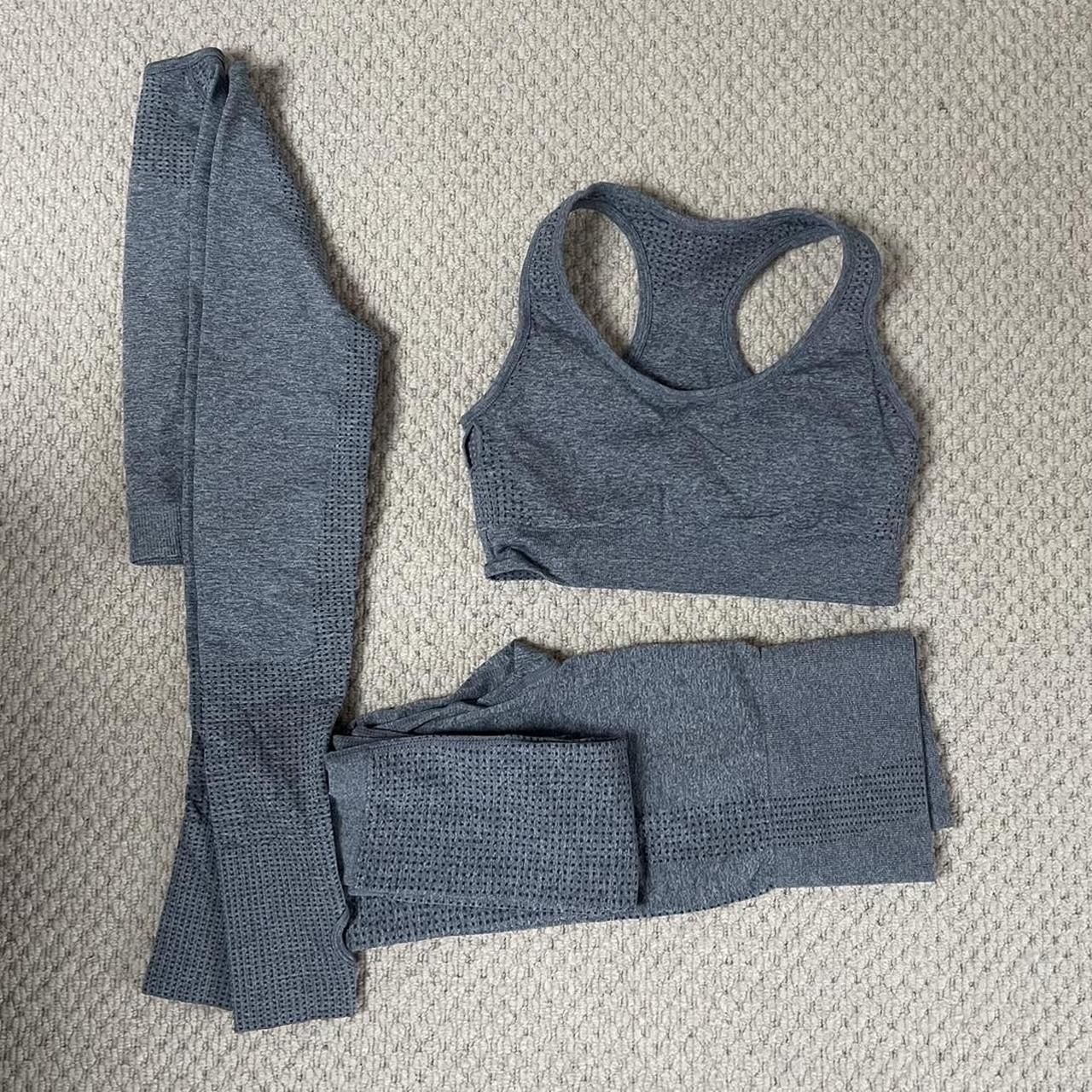Grey gym set with padded sports bra, cropped long... - Depop