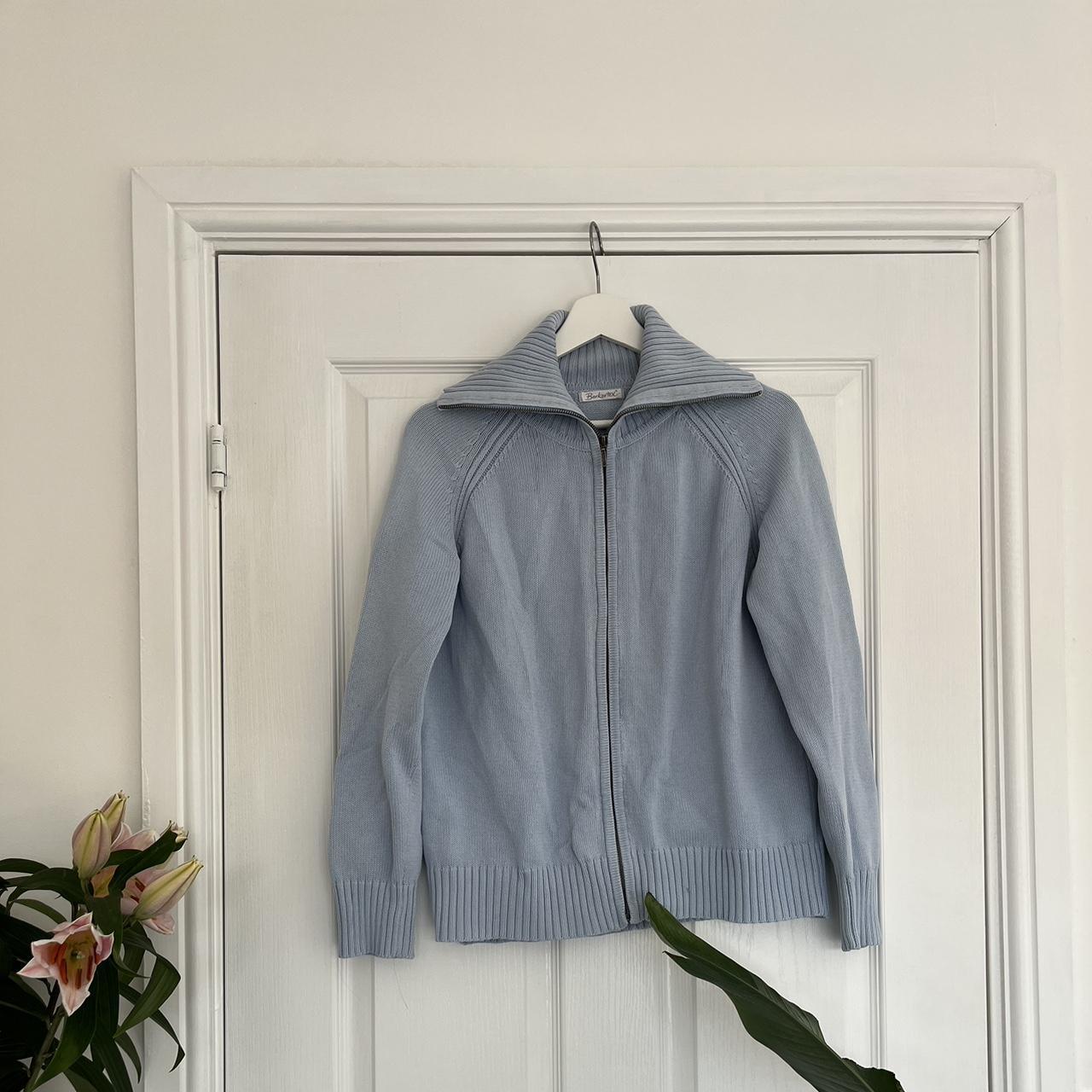 Baby blue knit zip up cardigan with collar - Depop