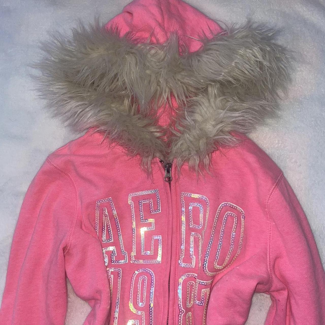 y2k pink aeropostale zipup hoodie with white fur... | Depop