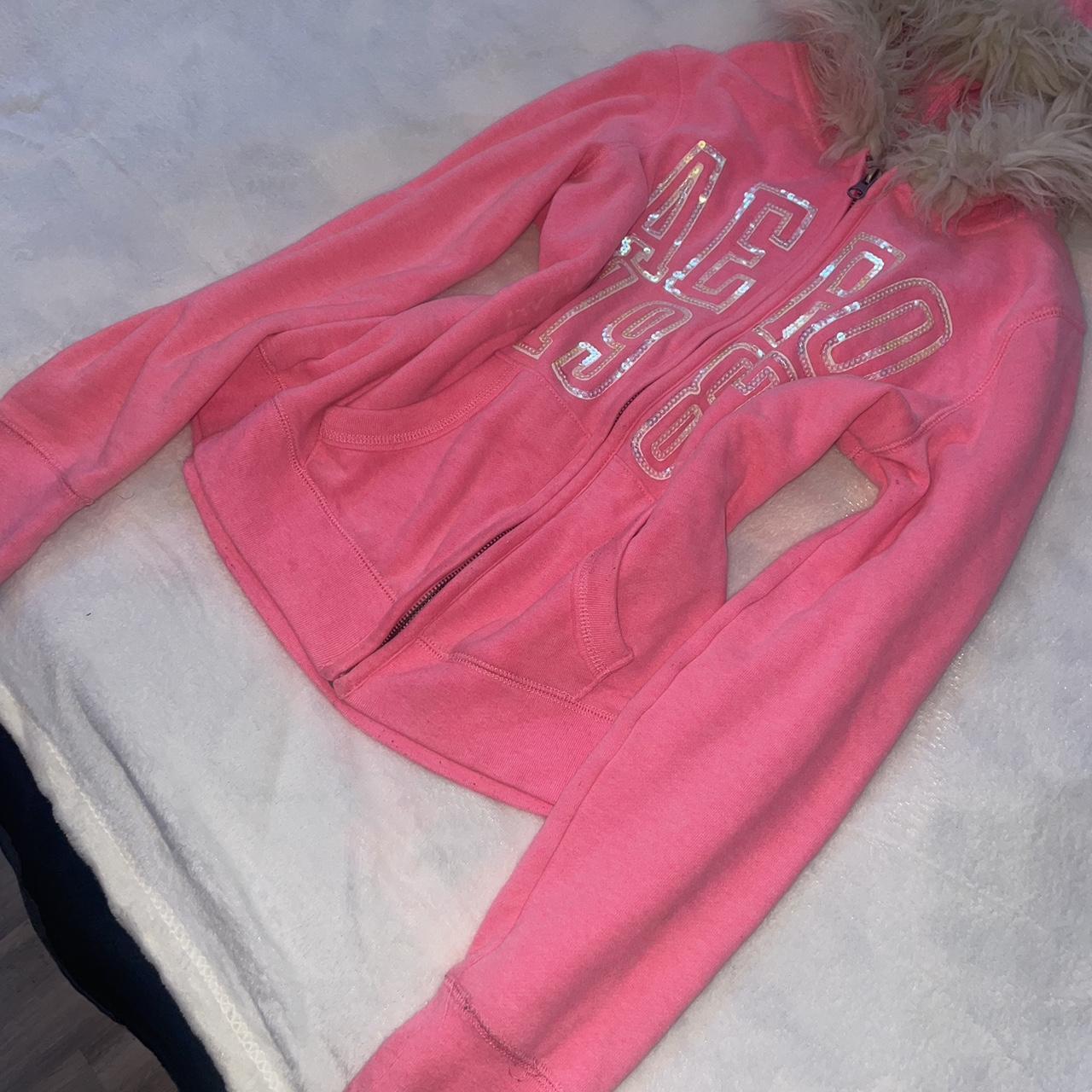 y2k pink aeropostale zipup hoodie with white fur... | Depop