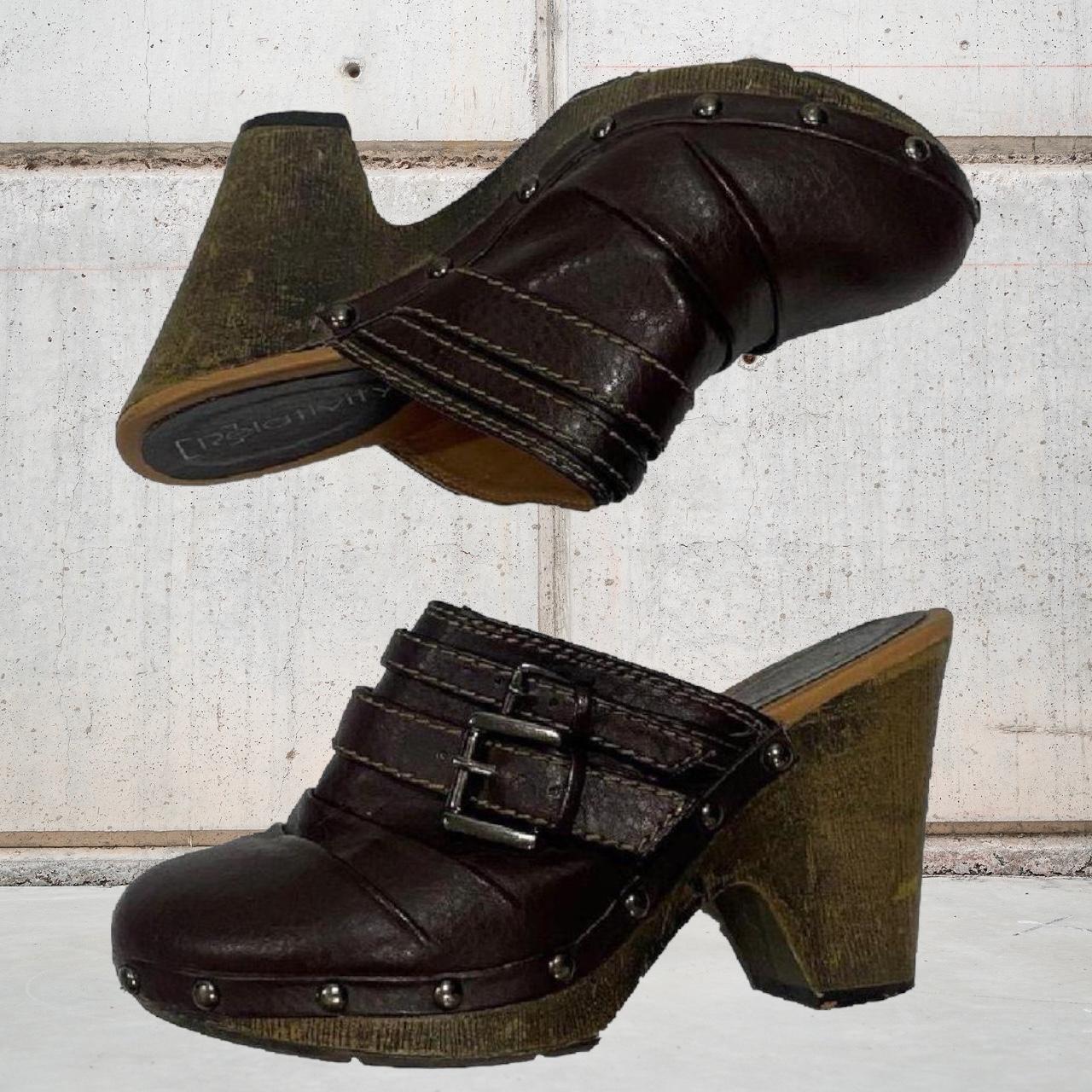 y2k brown leather clogs with buckles and wooden heel... - Depop