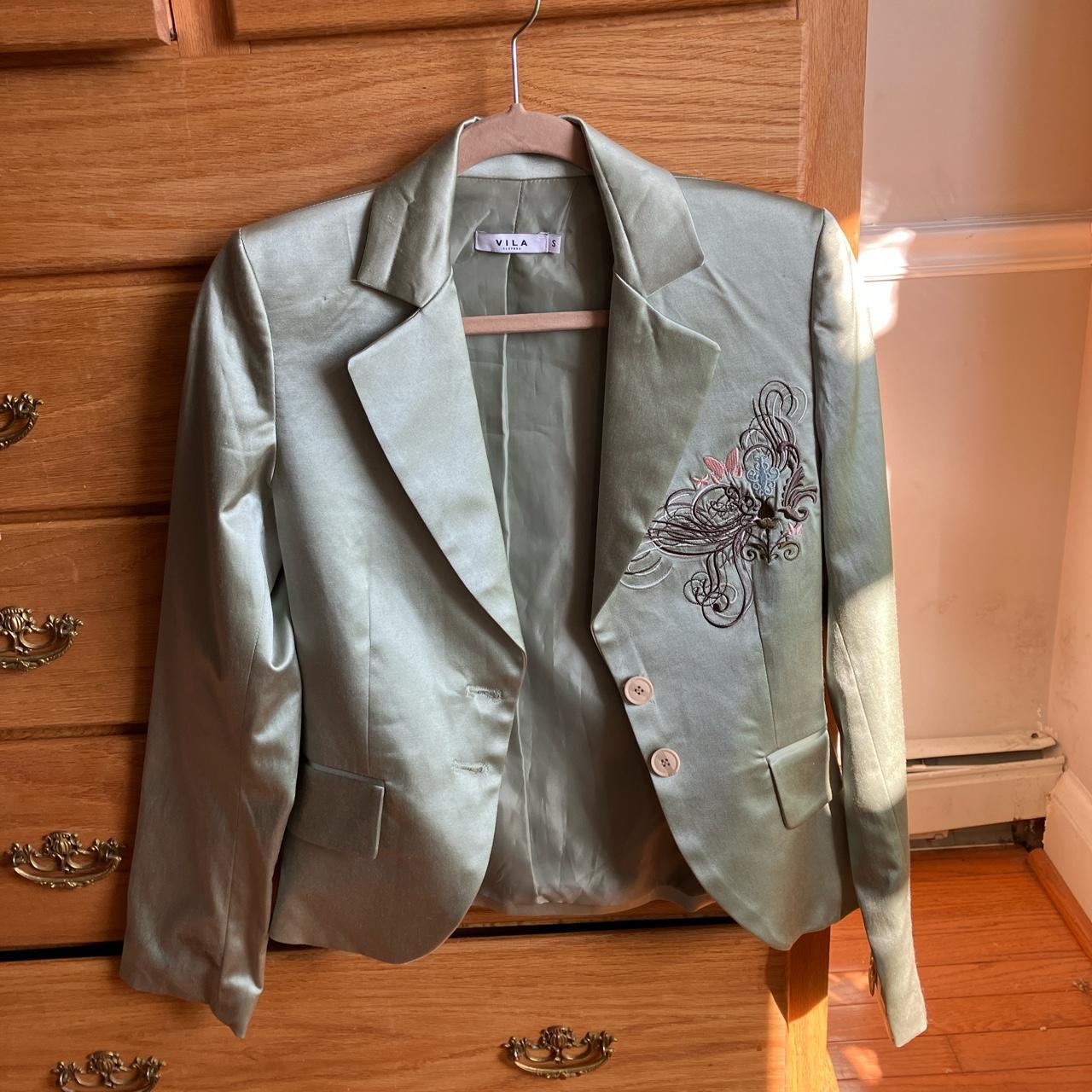 Vila Clothes Satin Blazer - Sage green satin... - Depop