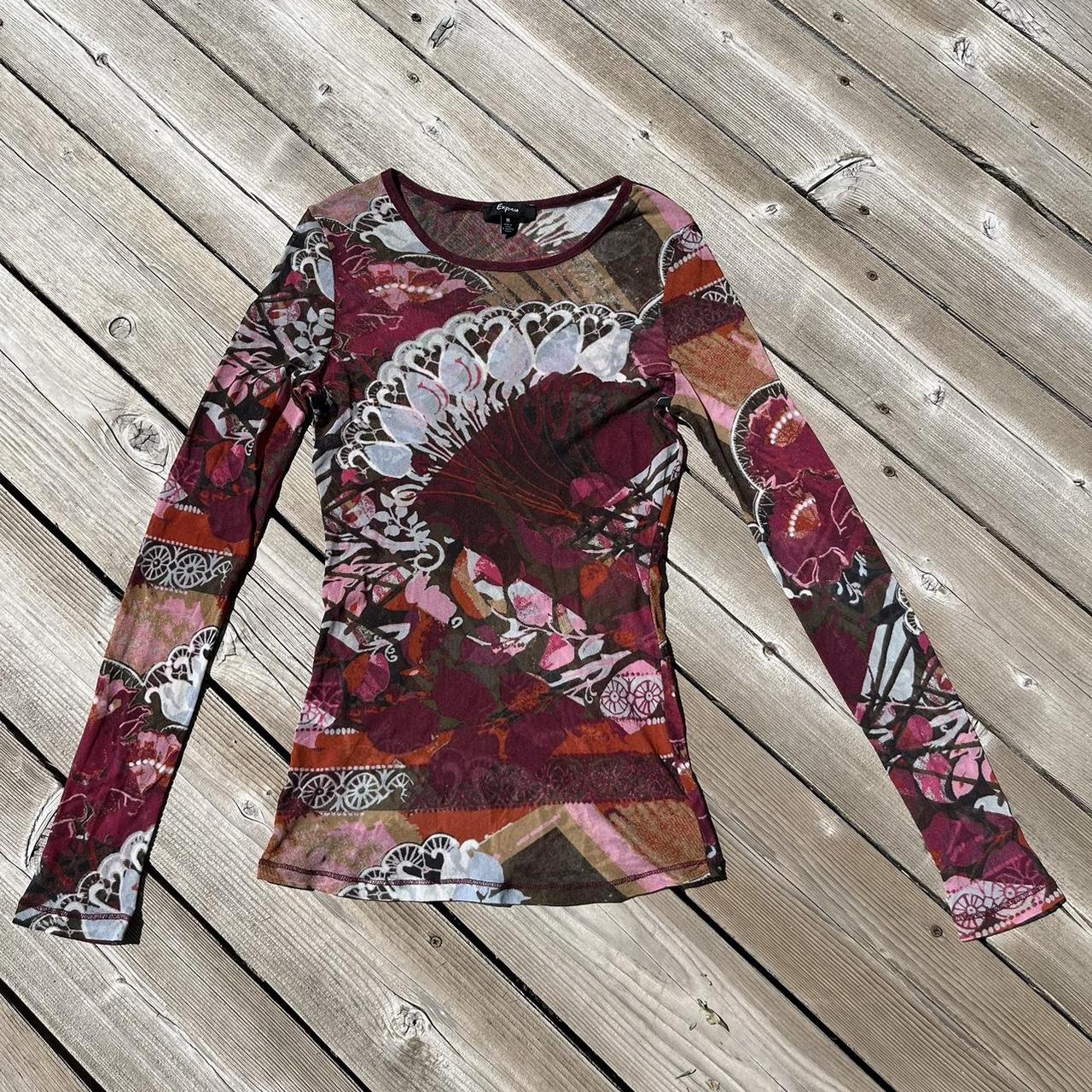 multi patterned full sheer long sleeve blouse... - Depop