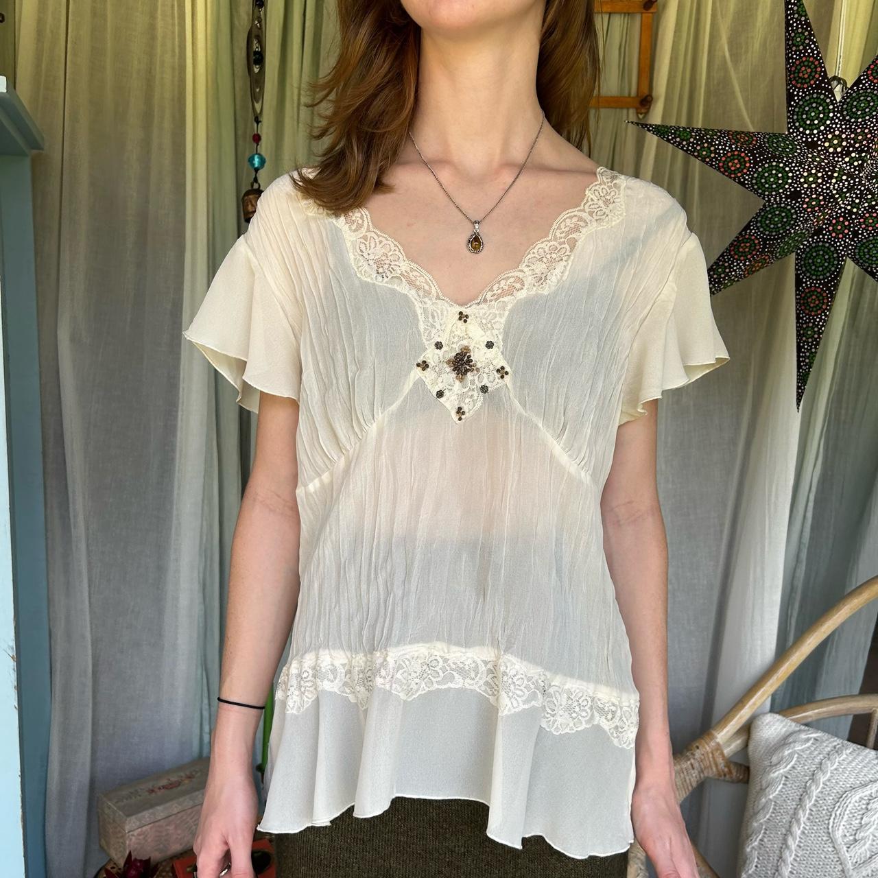 Tantalizing off white sheer top with flowy sleeves,... - Depop