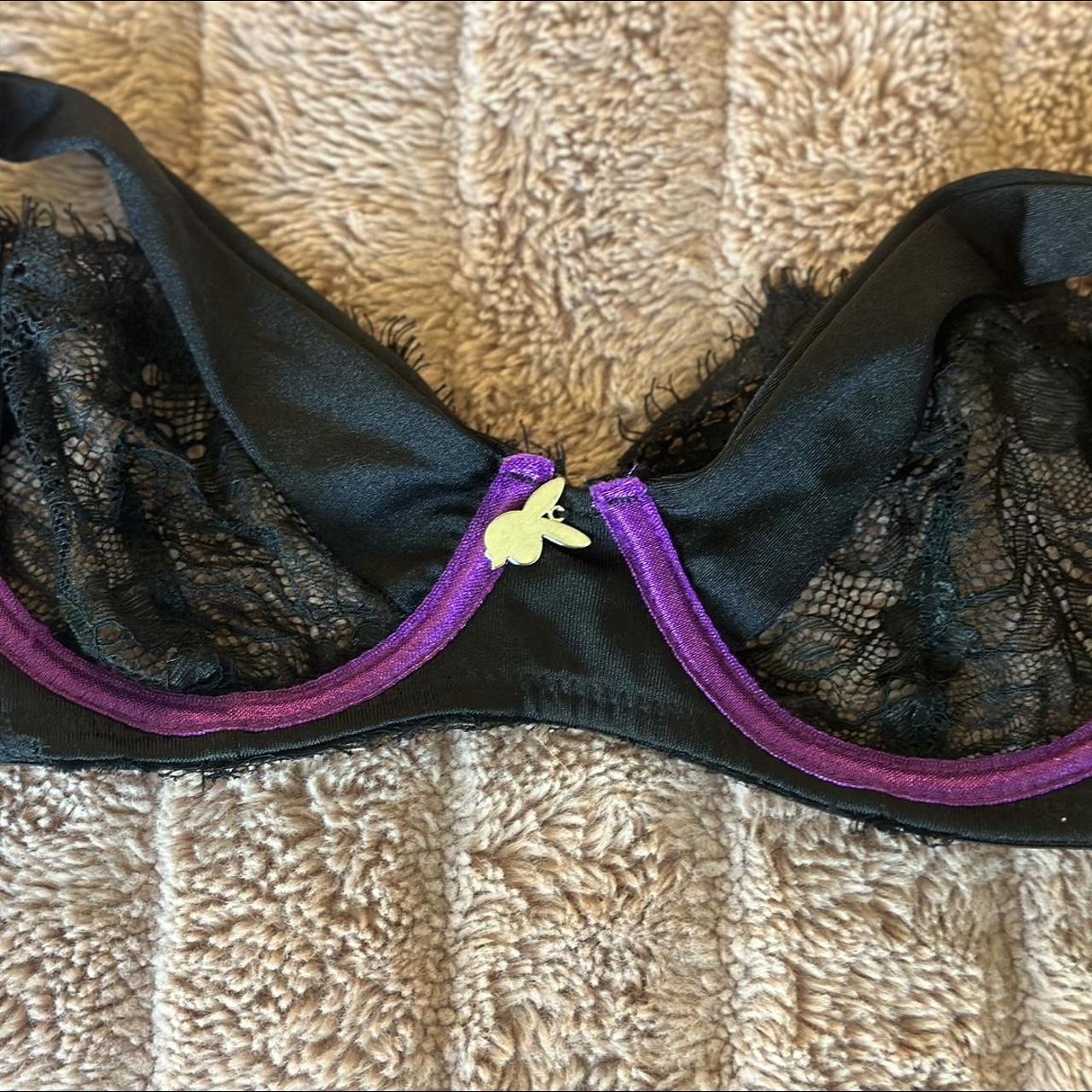 Black lace playboy bunny bra with purple straps... - Depop