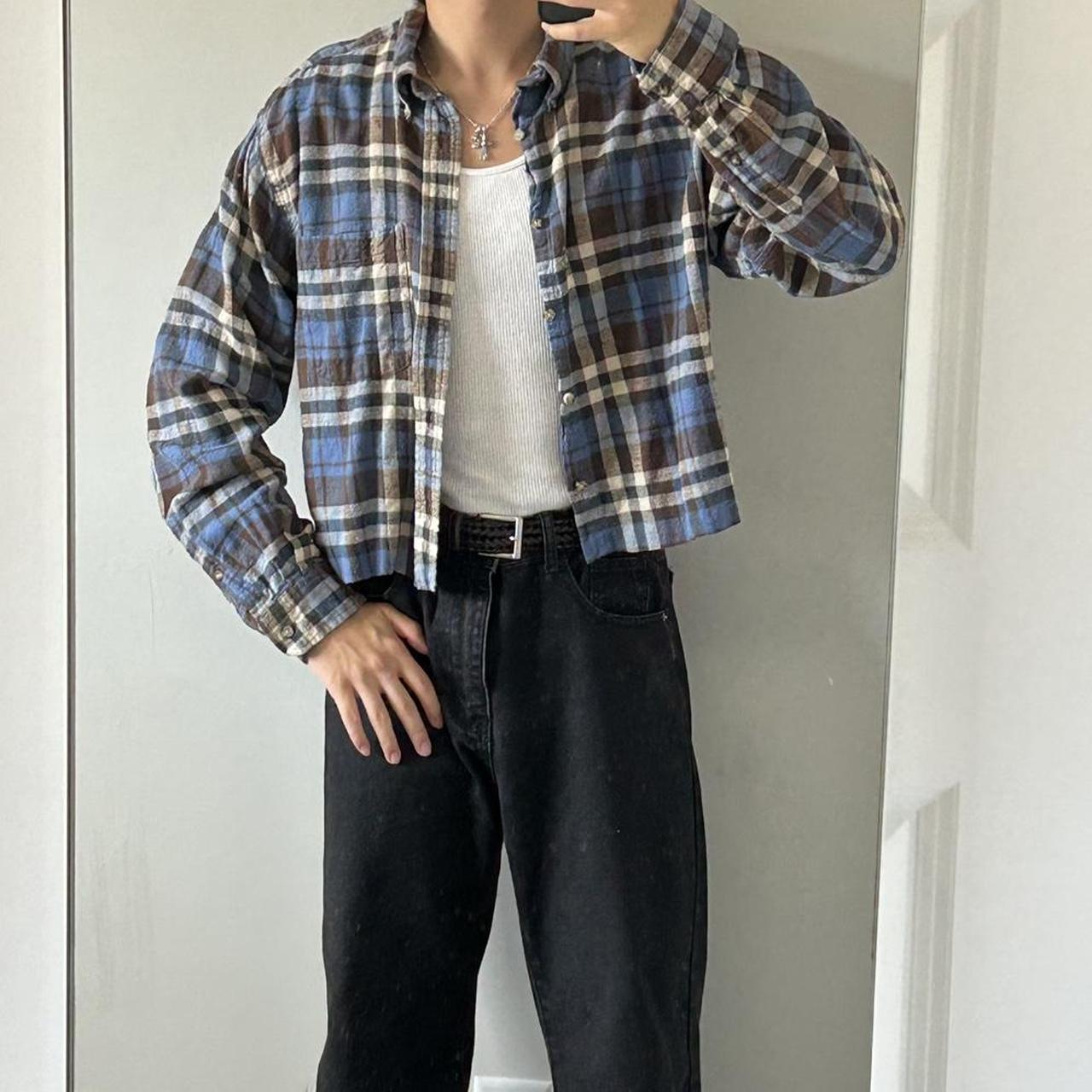 vintage cropped button up men's shirt hand cropped... - Depop