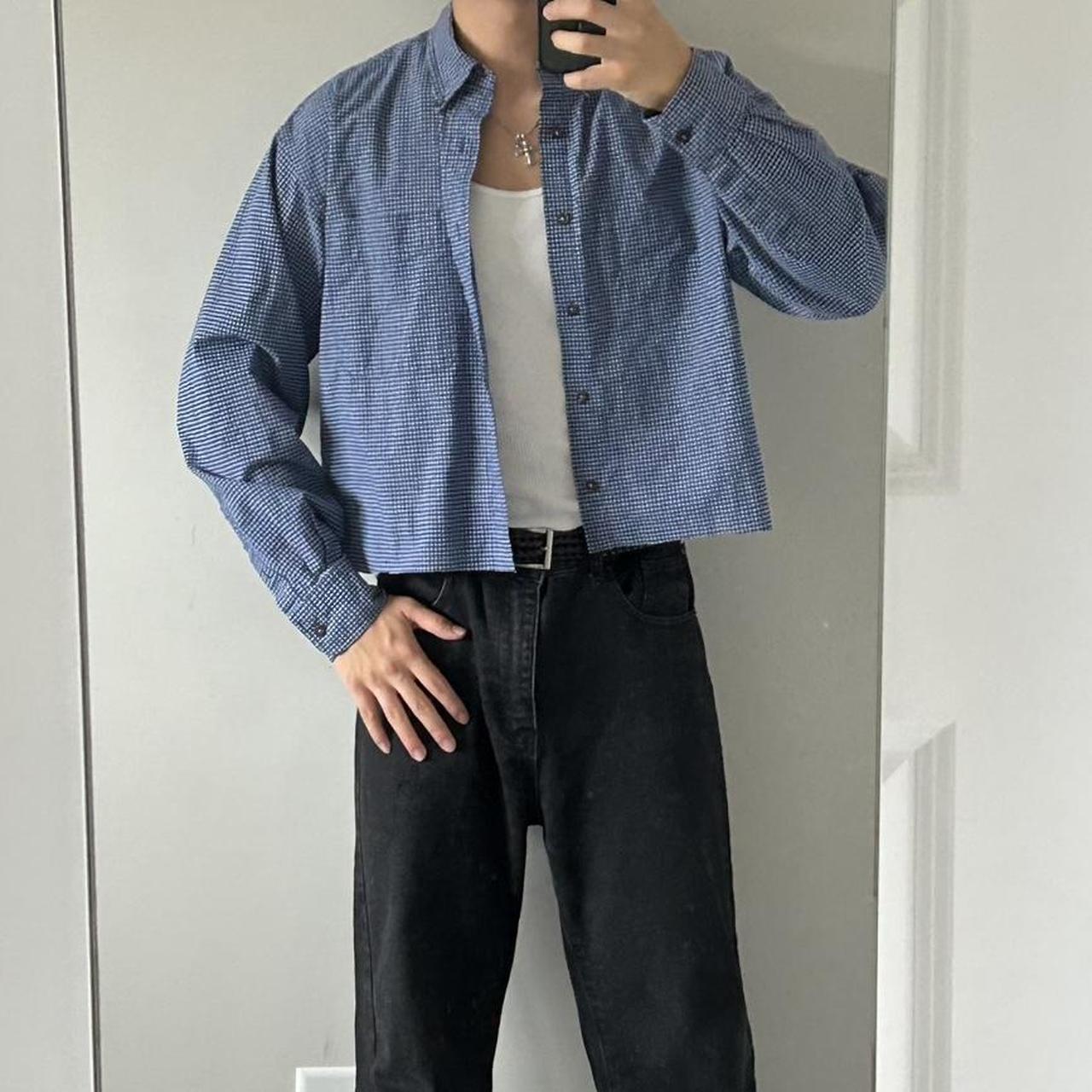 vintage cropped button up men's shirt hand cropped... - Depop