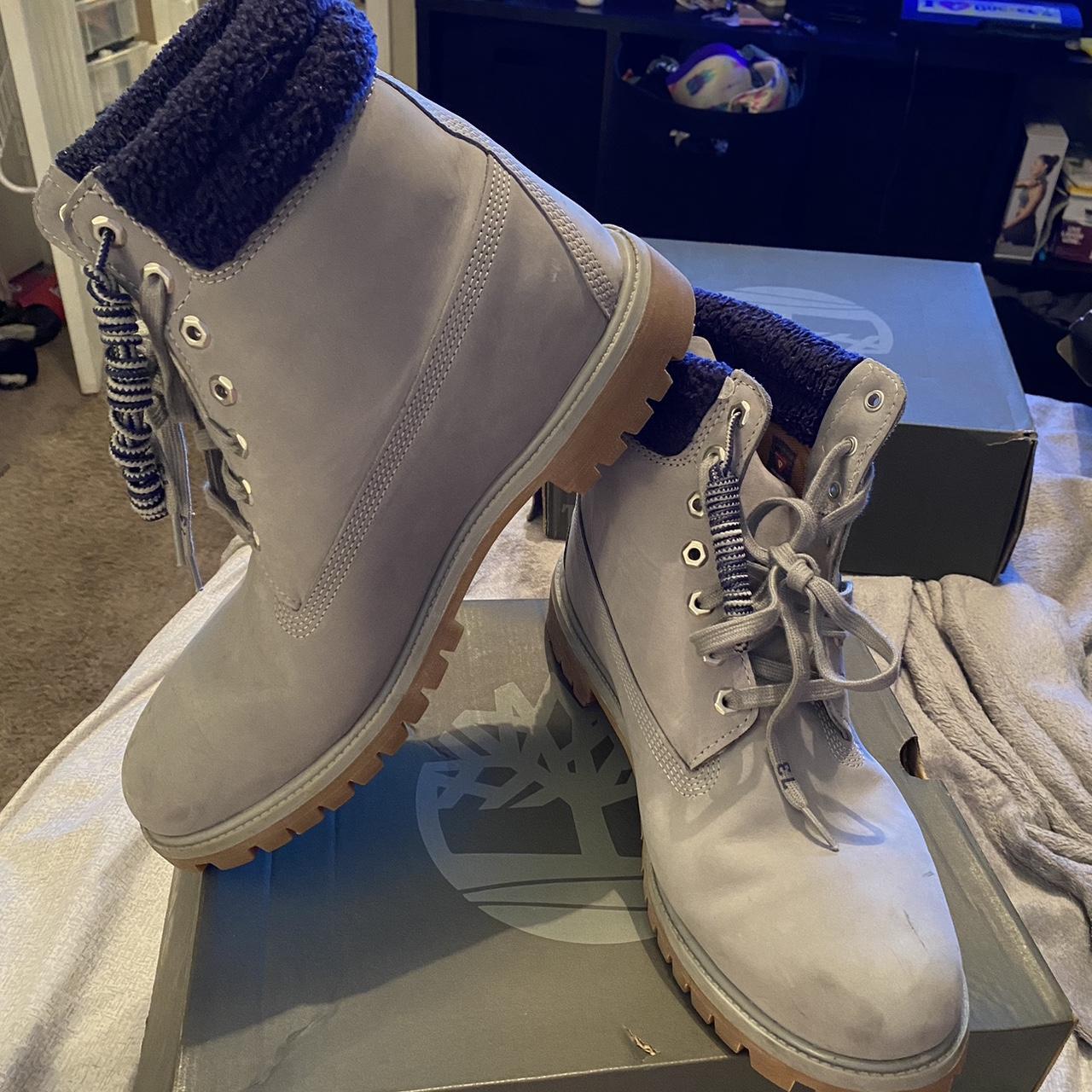 Grey Timberland boots w navy blue fur $15 shipping... - Depop