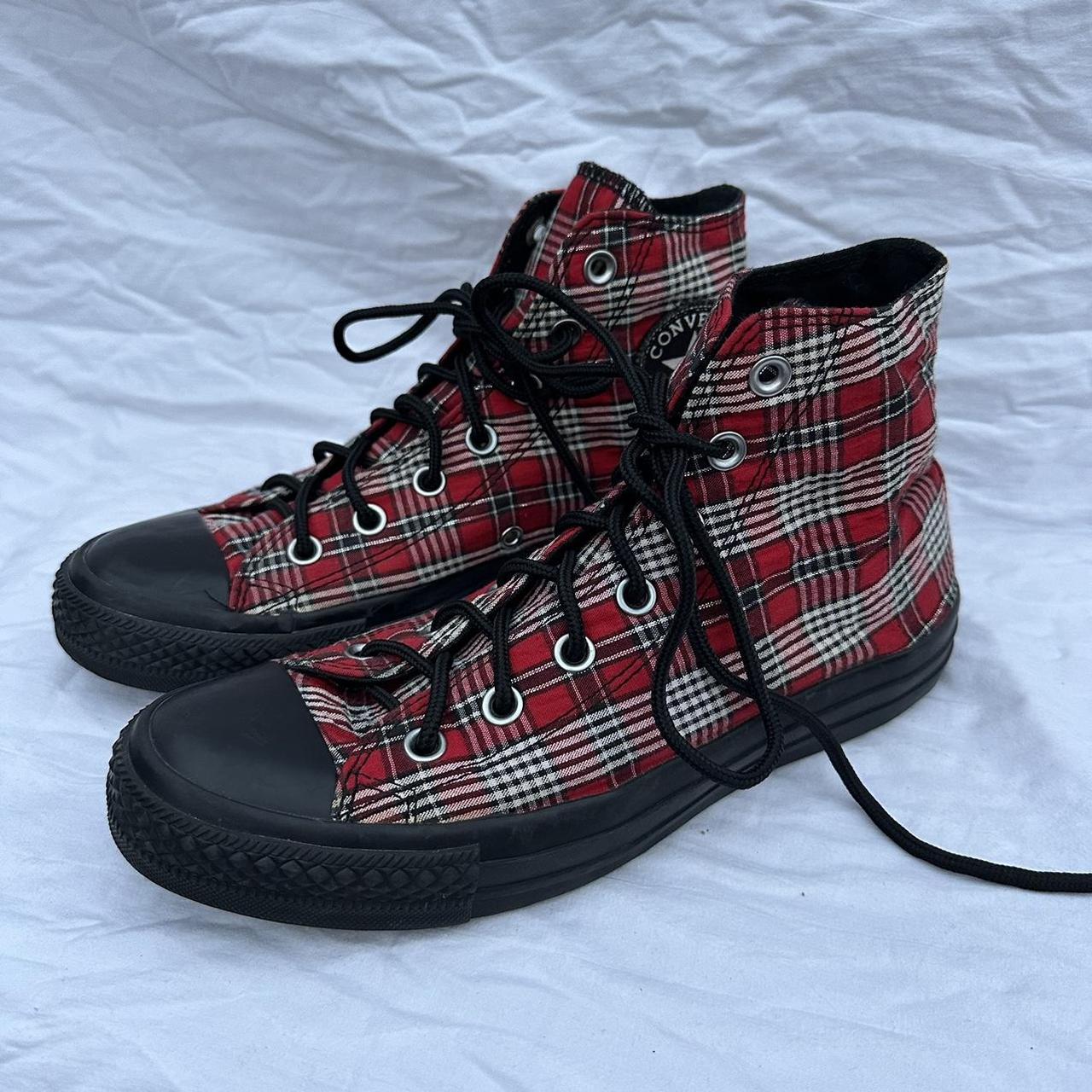 Red and black tartan plaid high top Converse. Barely... - Depop