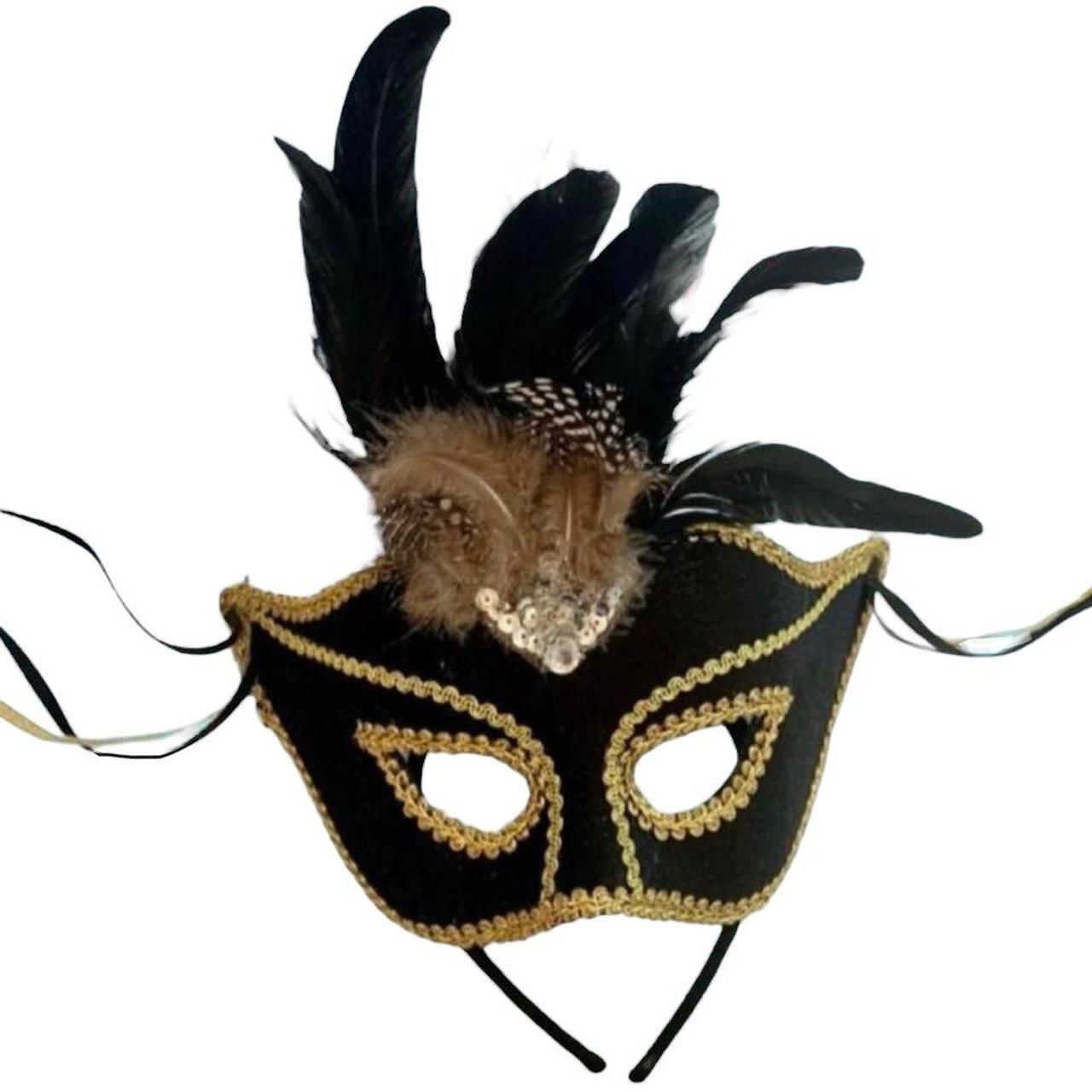 Venetian Masquerade Mask Black and Gold Feather... - Depop