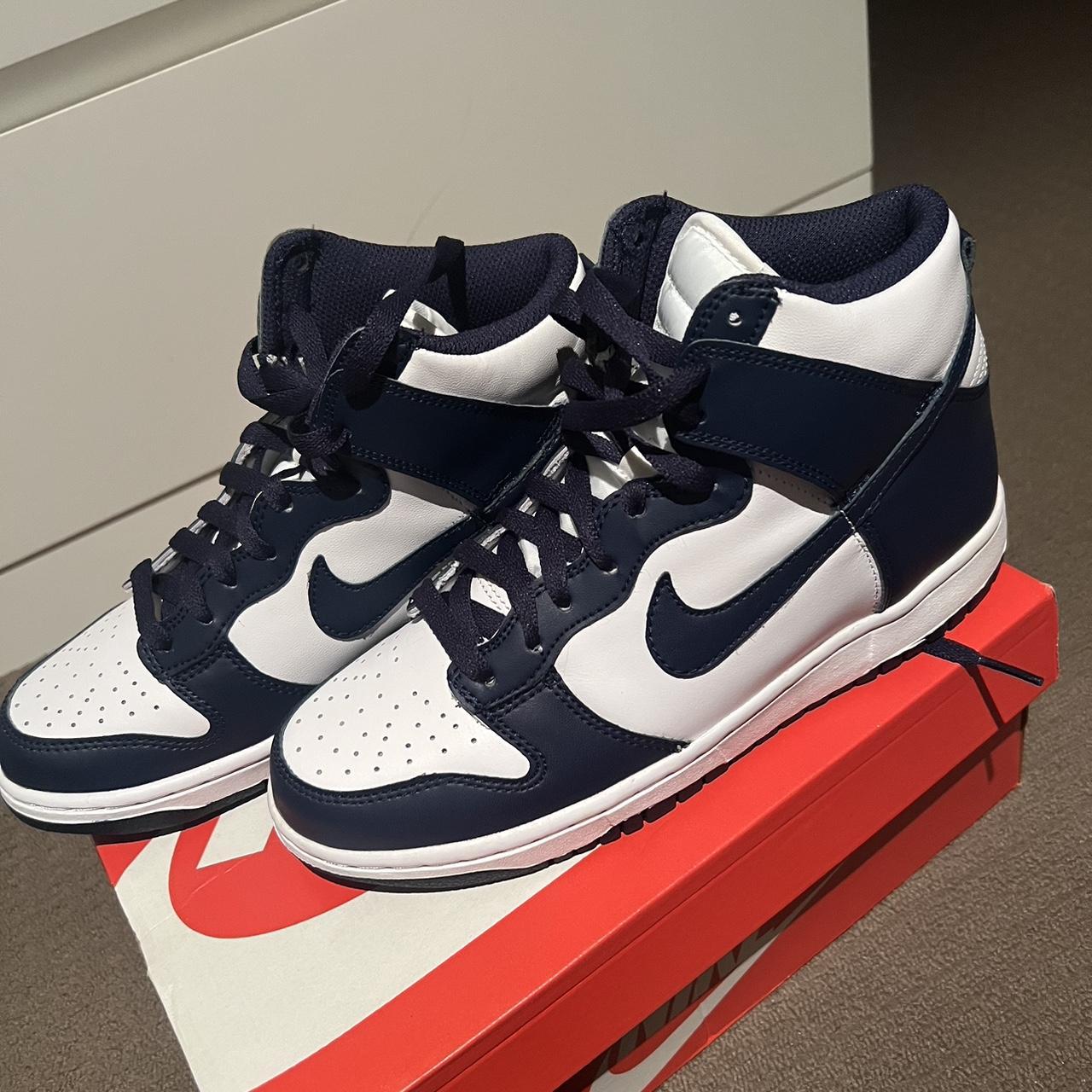Nike dunks high tops-navy blue and white Unworn - Depop