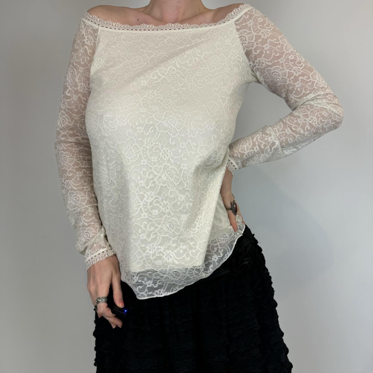 WHITE LACE MESH TOP long sleeves and double lined... - Depop