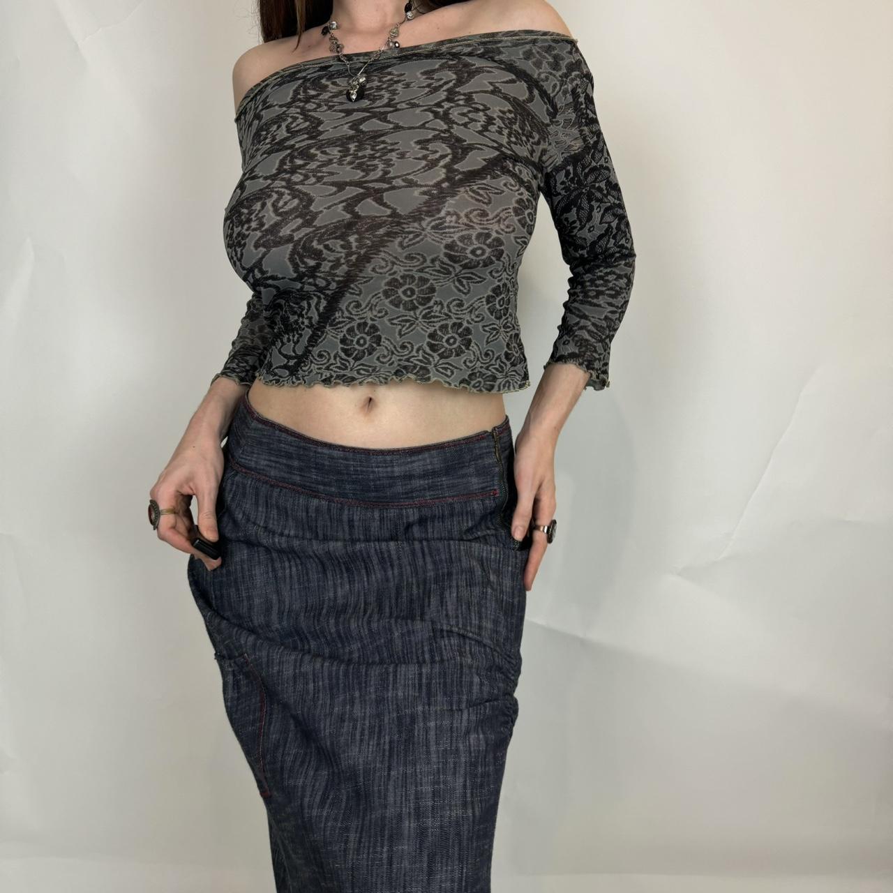 BLACK GREY MESH TOP floral design 3/4 sleeves off... - Depop