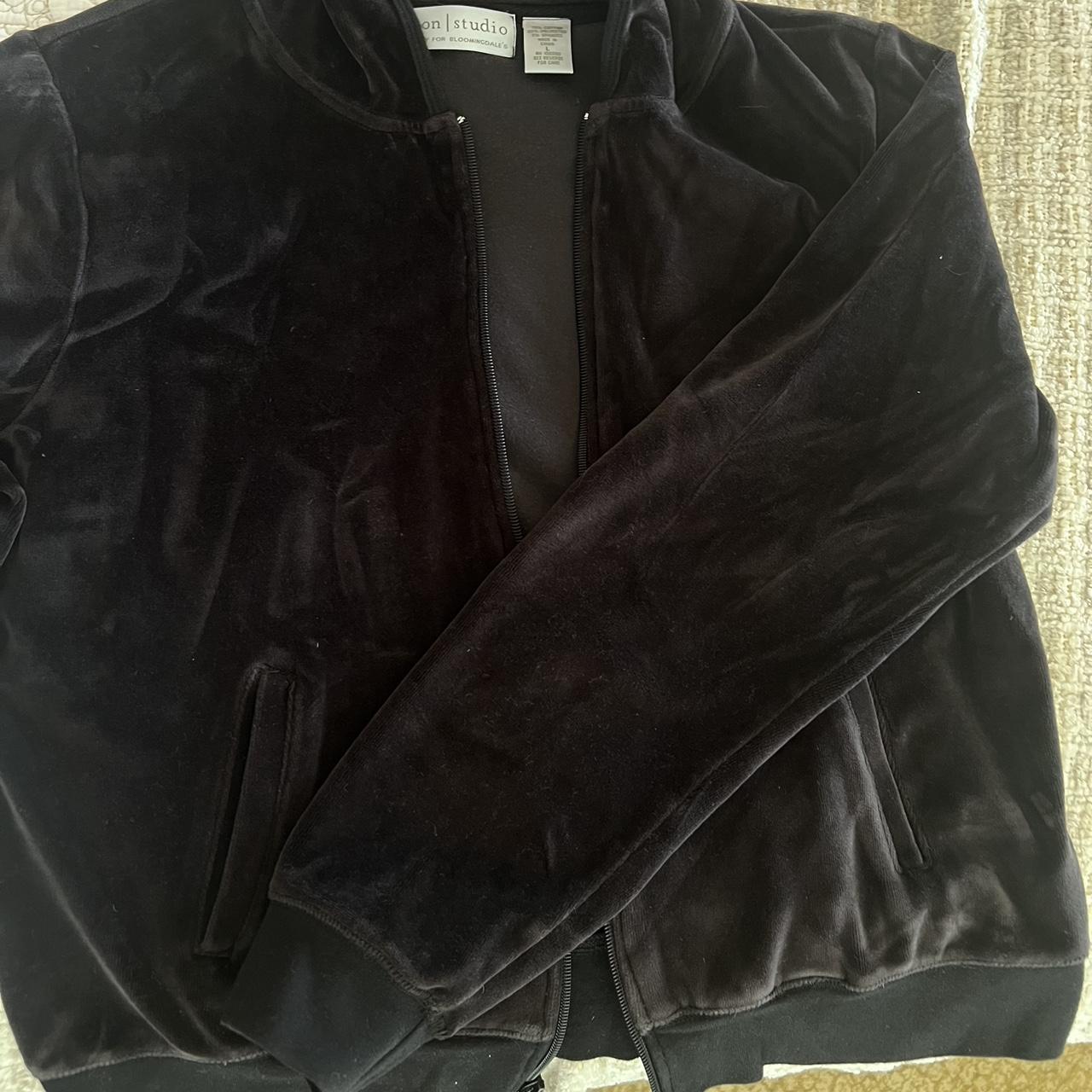 Black velour hooded zip up jacket - Depop