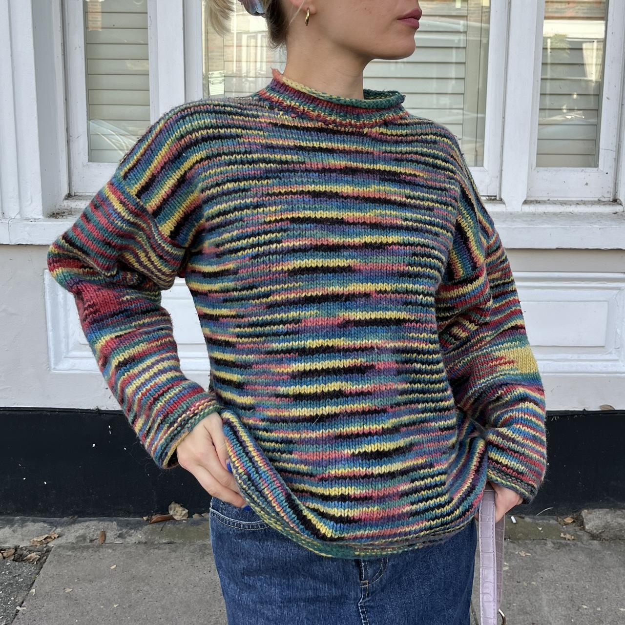 Hand knitted wool multi coloured jumper Size fits a... - Depop