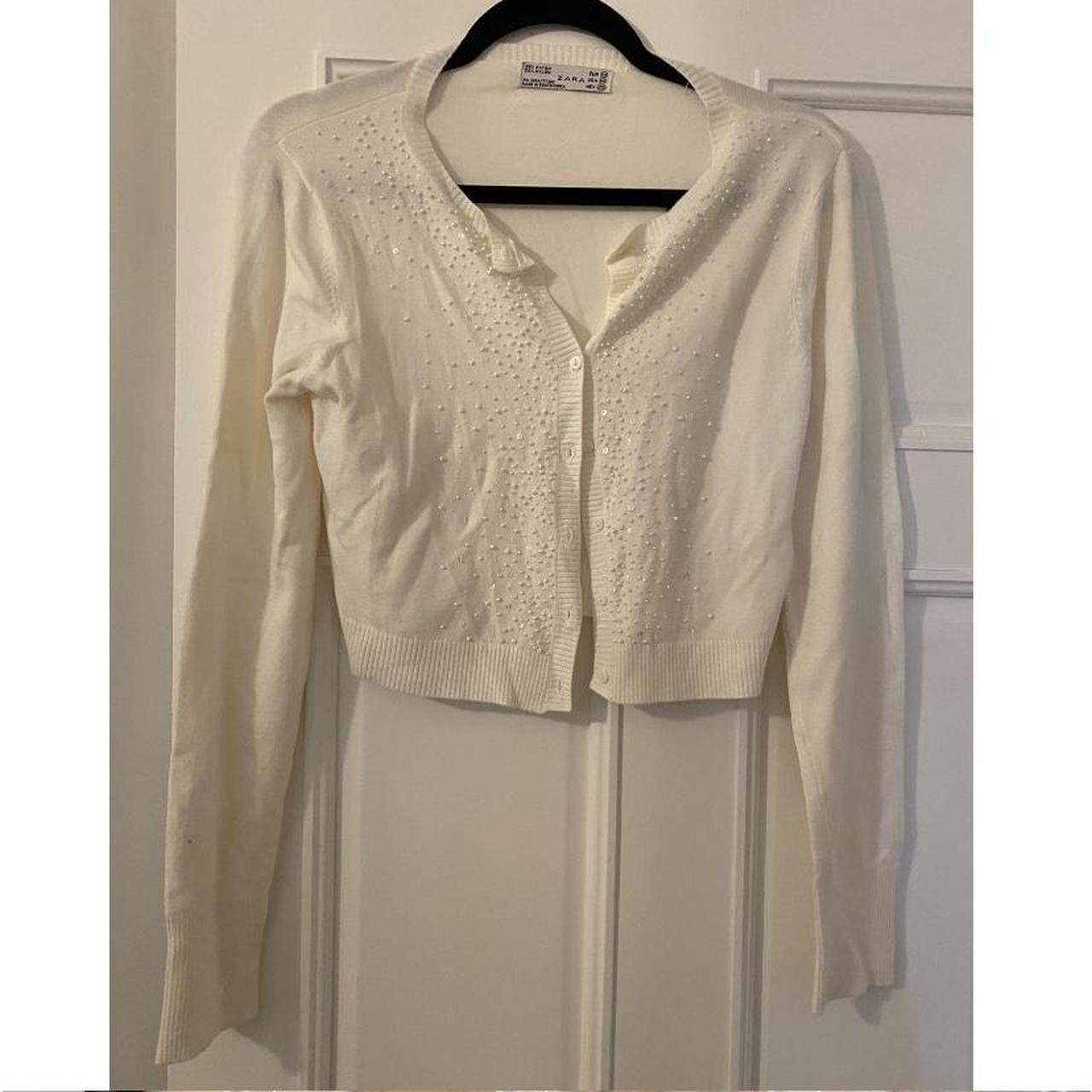 Zara cream cropped cardigan, round neck, beads and... - Depop