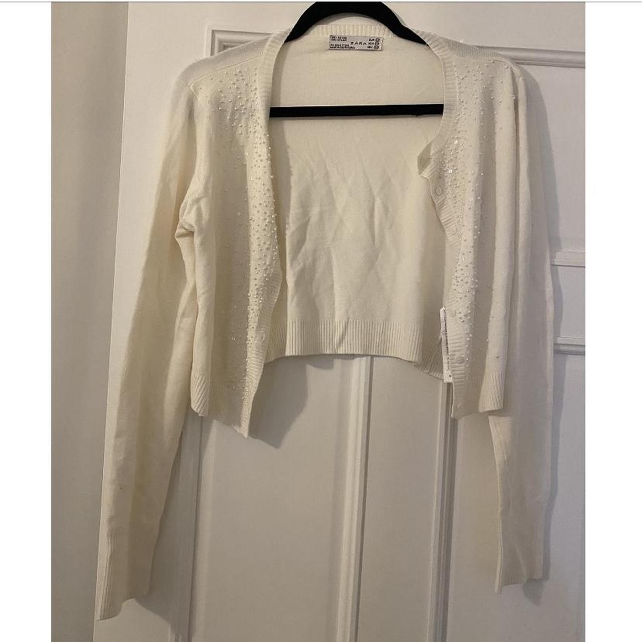 Zara cream cropped cardigan, round neck, beads and... - Depop