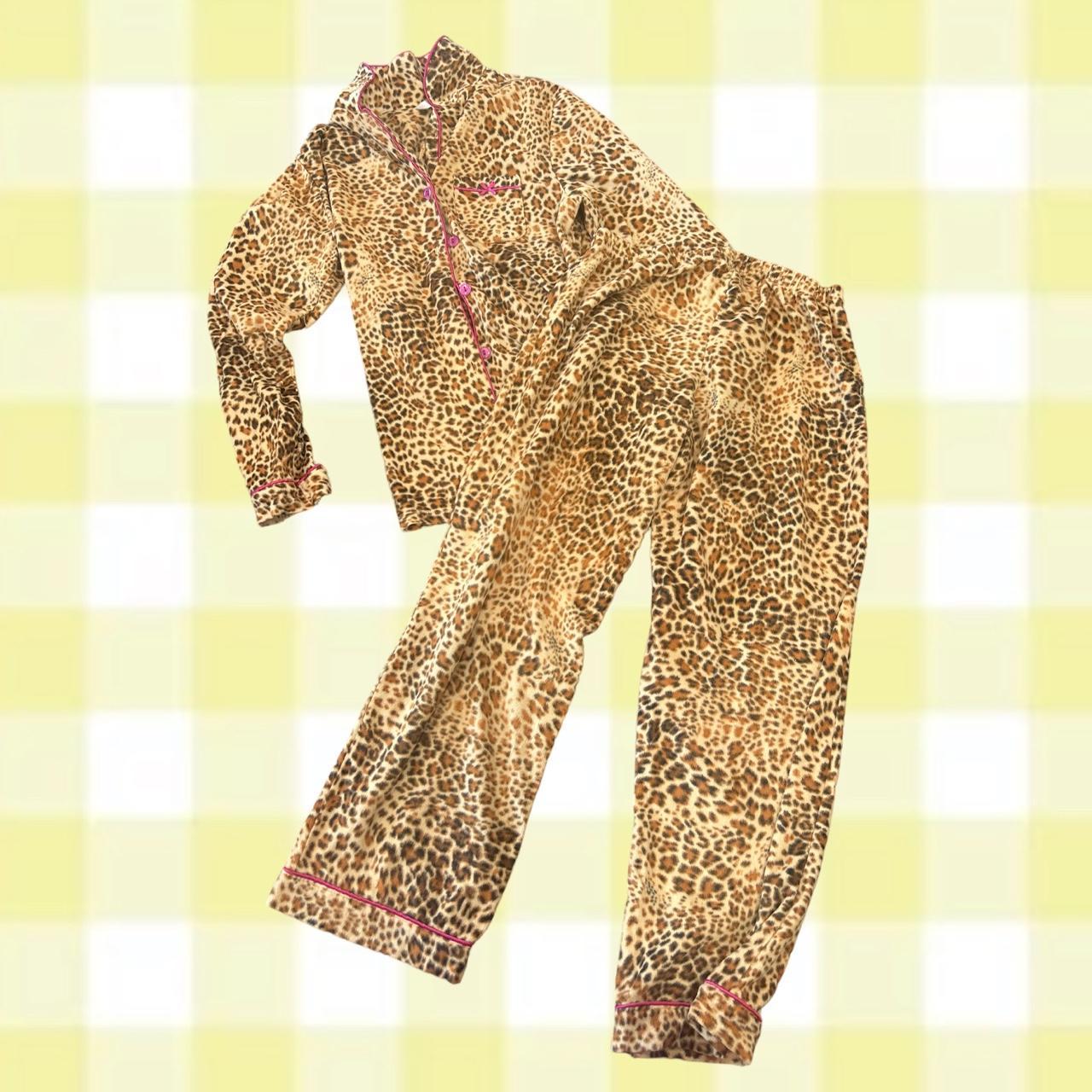 Cheetah print 2-piece pajama set with pink trim... | Depop