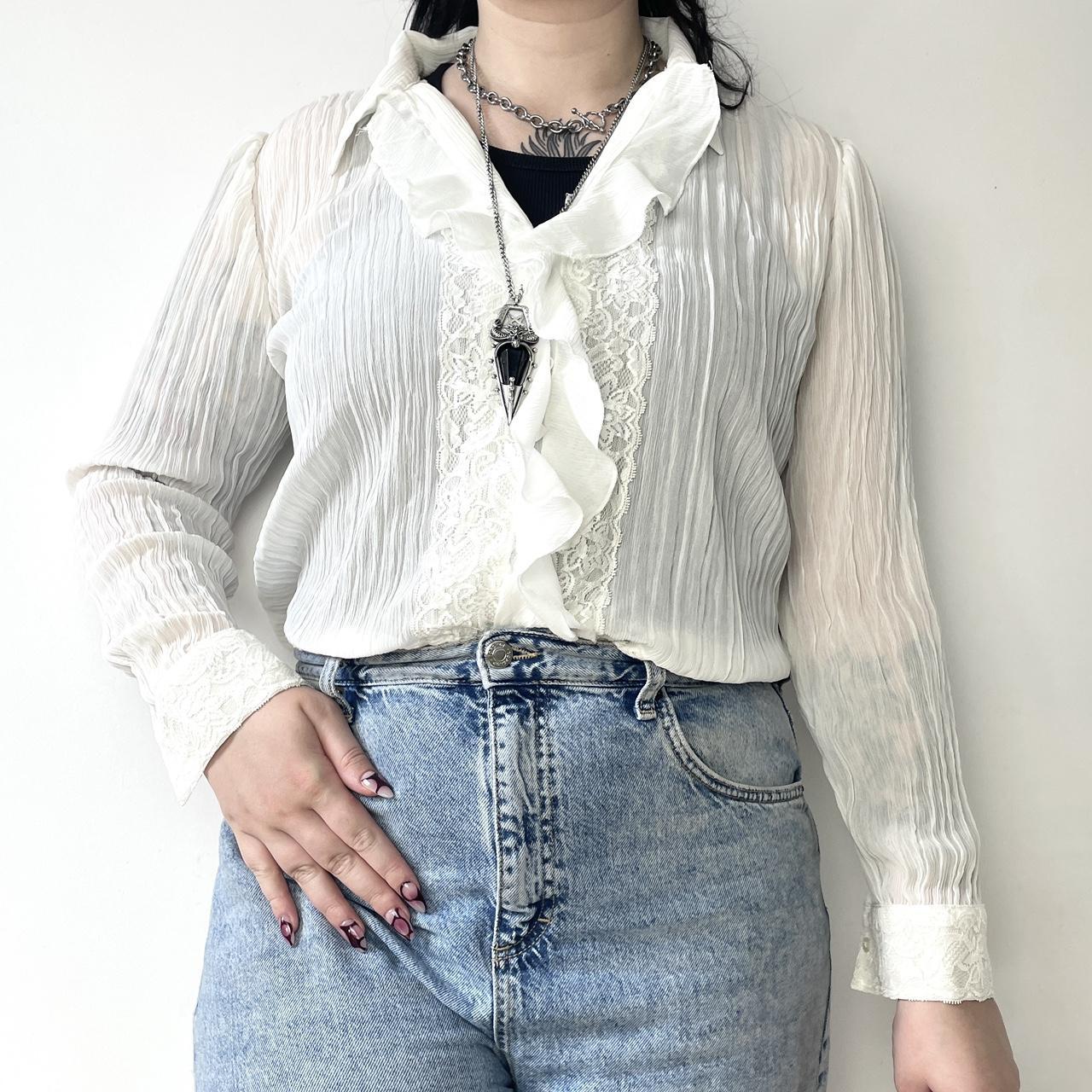 Vintage ruffle trim whimsygoth button up blouse top... - Depop