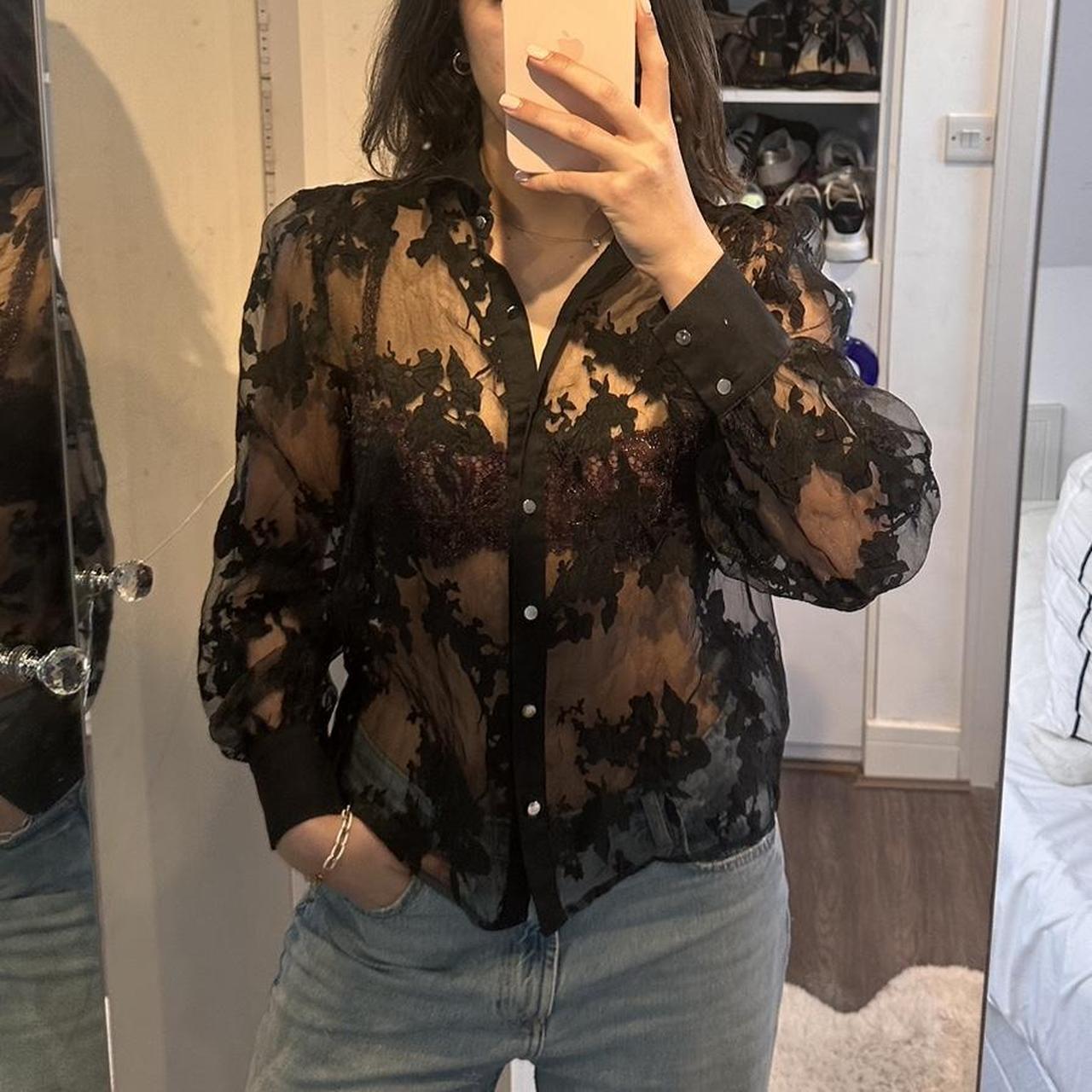 Black sheer shirt Mesh material Floral... - Depop
