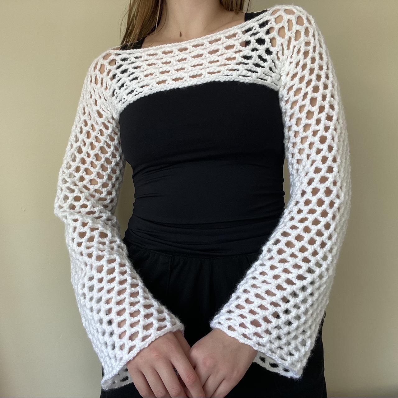 Handmade White Crochet Shrug - Small mesh... - Depop