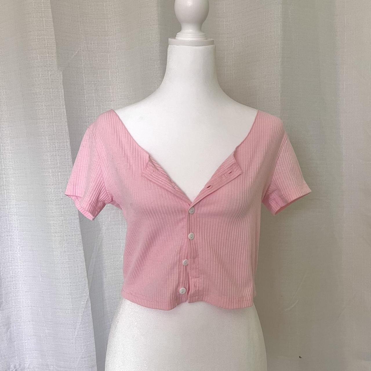 Pastel pink cropped button up tee, no flaws brand... - Depop