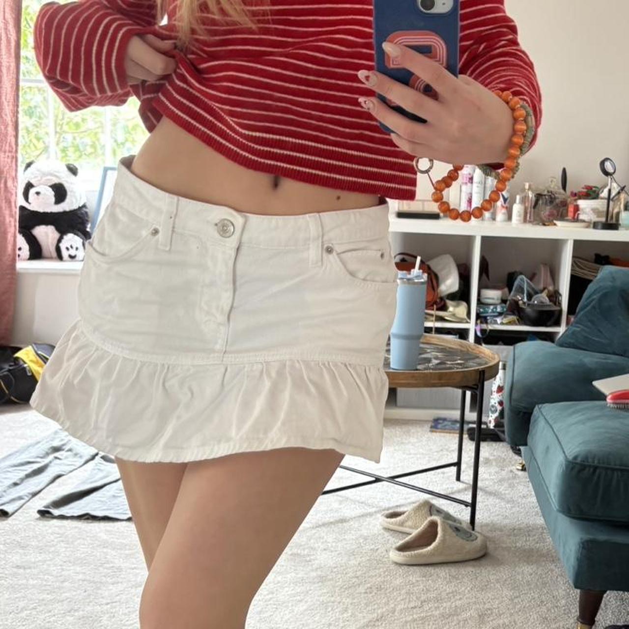White denim ruffle mini skirt Urban outfitters... | Depop