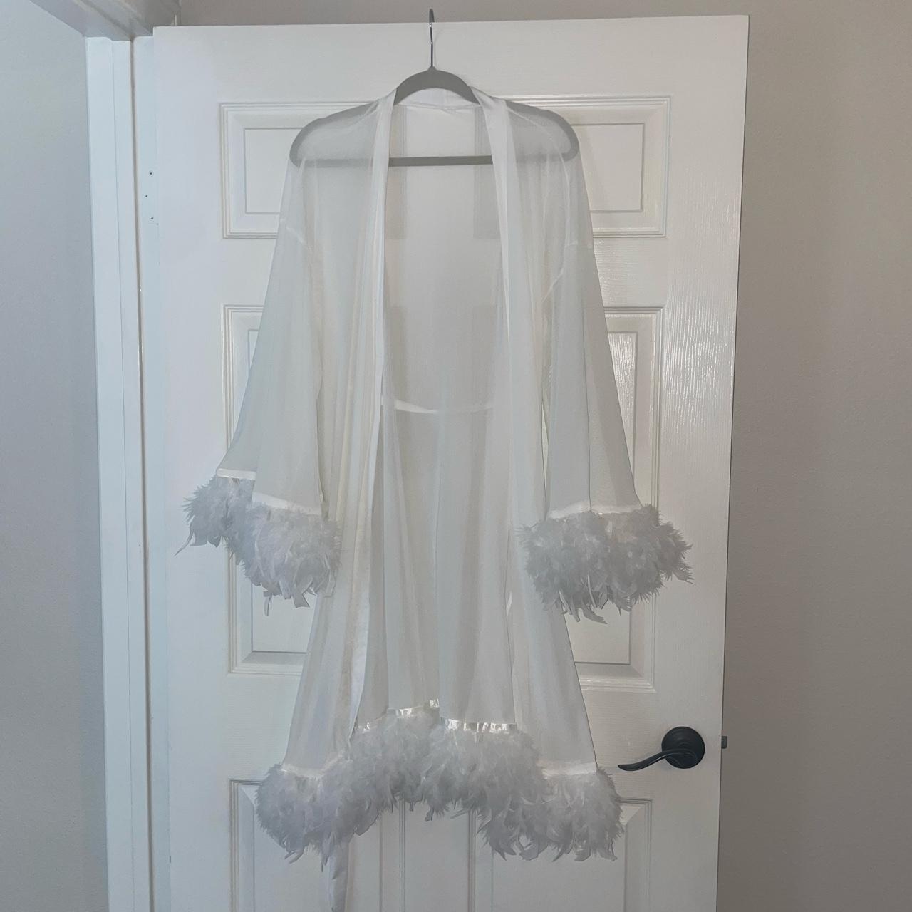 White mesh feather trim robe Perfect for a bride!!... - Depop