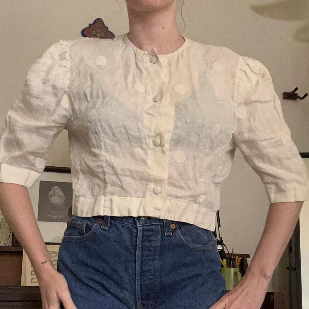 Vintage 1980s 1990s linen cream button up blouse... - Depop