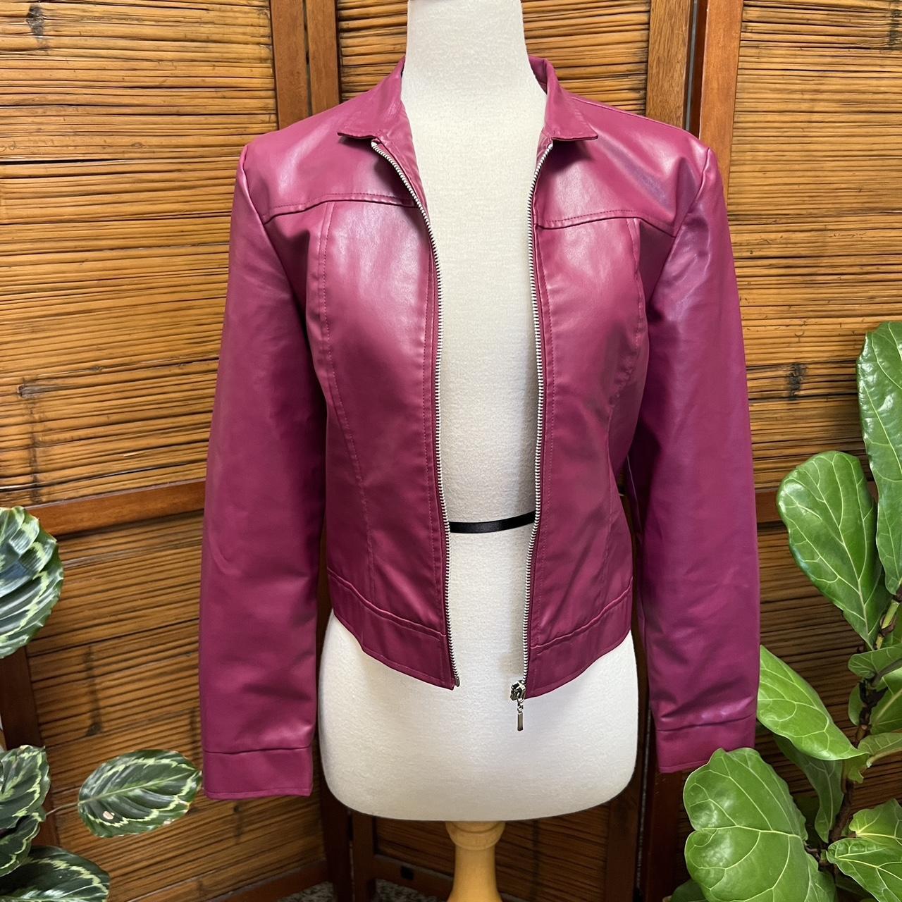 90s Purple Leather Jacket Fuchsia colored long... - Depop