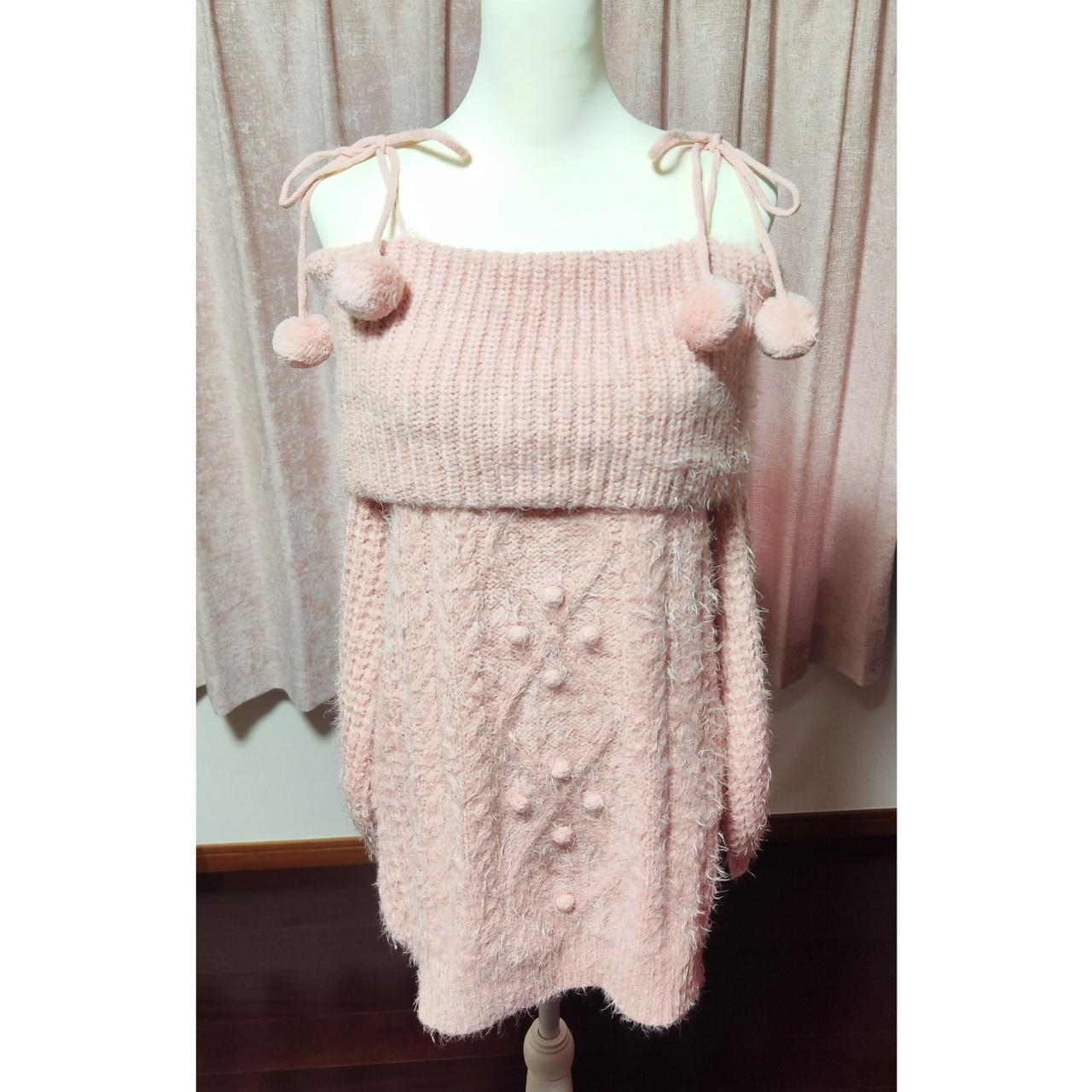 Liz Lisa pink fuzzy knit dress with pom pom details,... | Depop