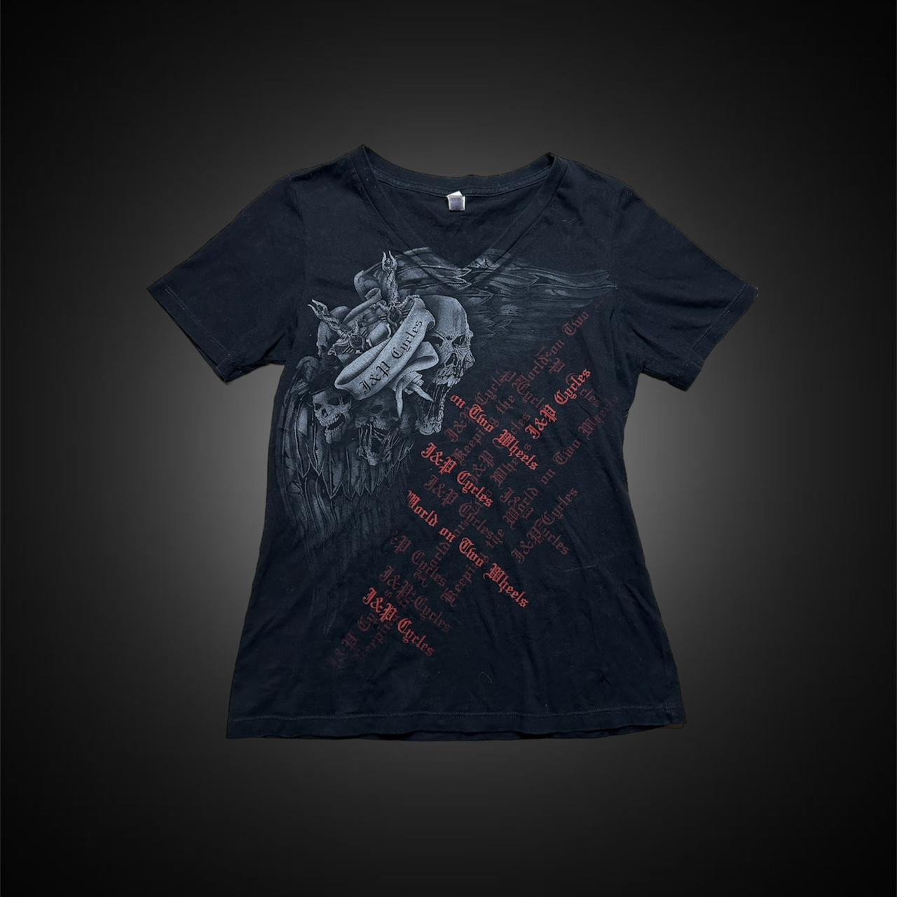 Y2K v-neck tee w/ an all over print skull graphic.... - Depop