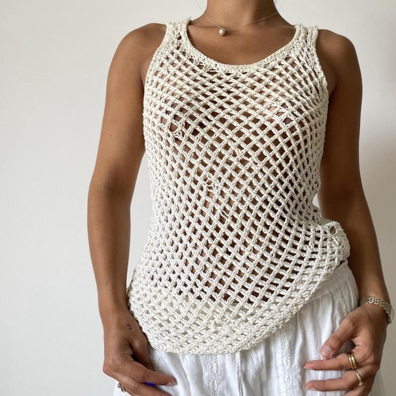 00s Cream Knitted Net Tank Vest Top *No size tags,... - Depop