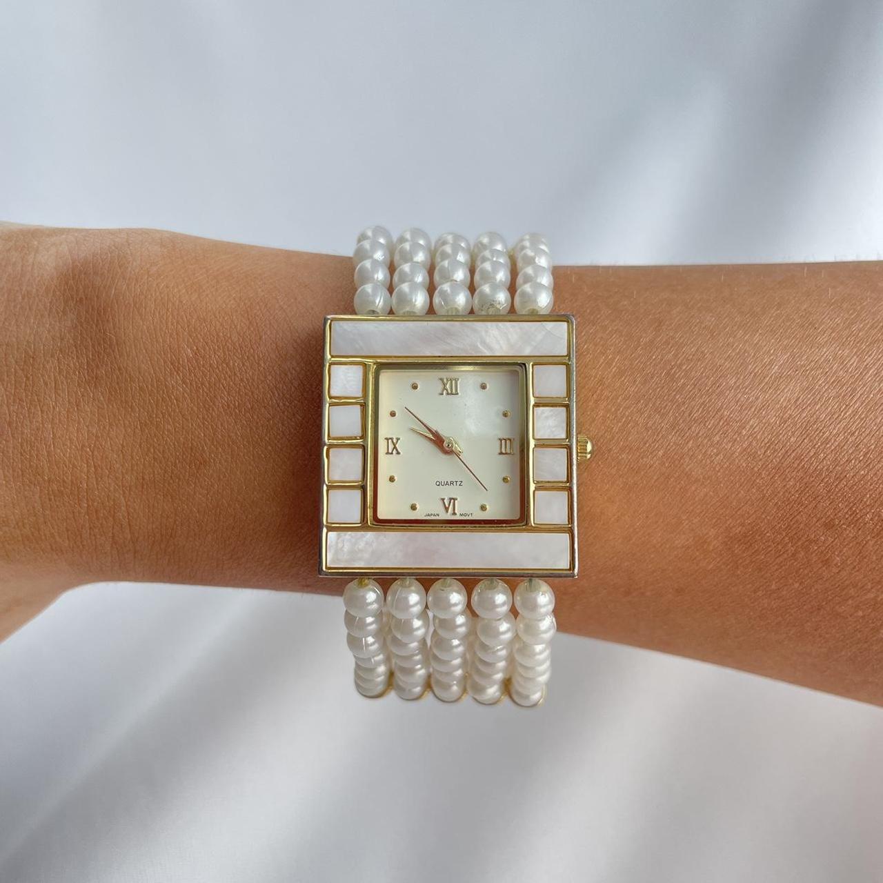 Vintage pearl beaded watch with mother of pearl... - Depop