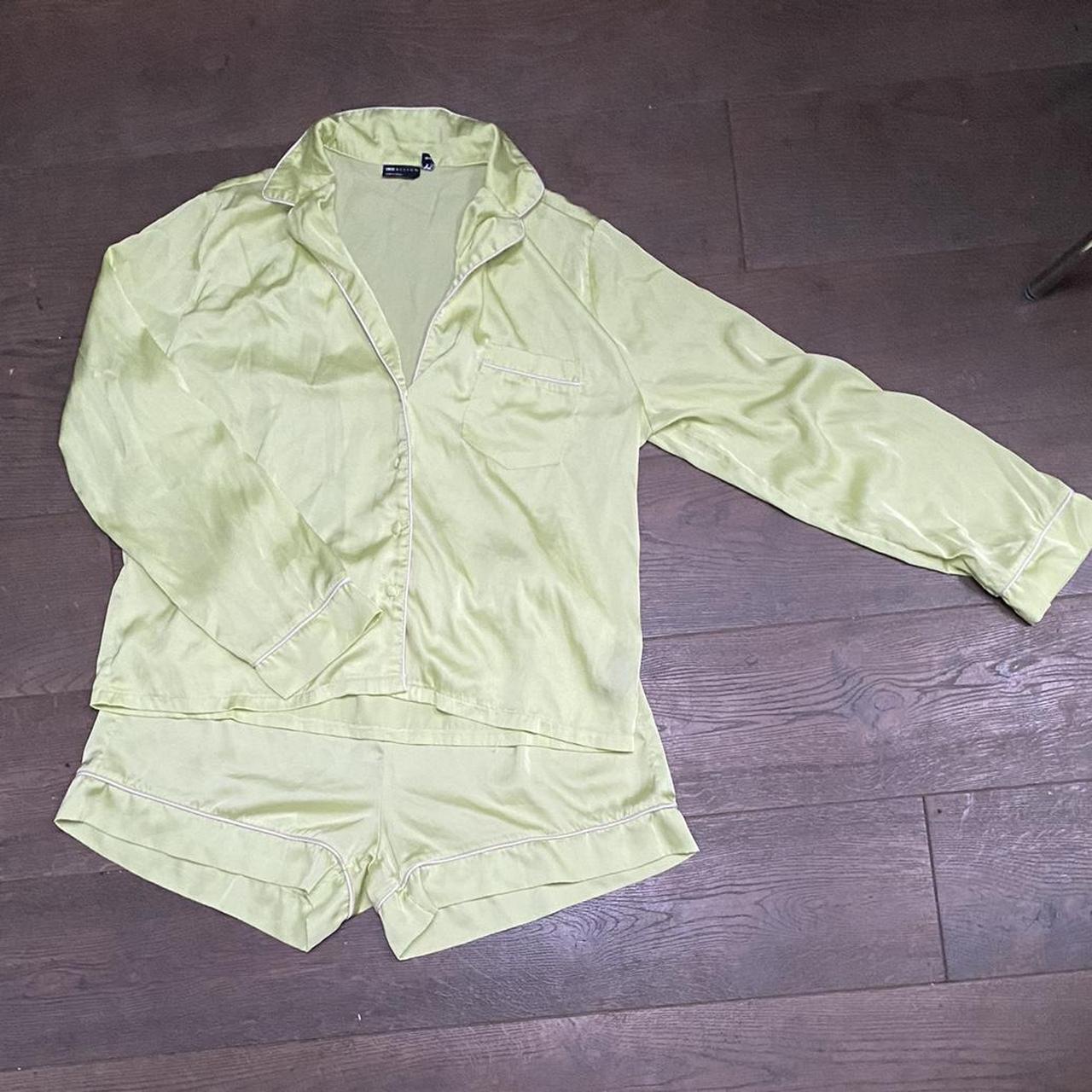 Cute satin pyjama set in lime green and white - Depop