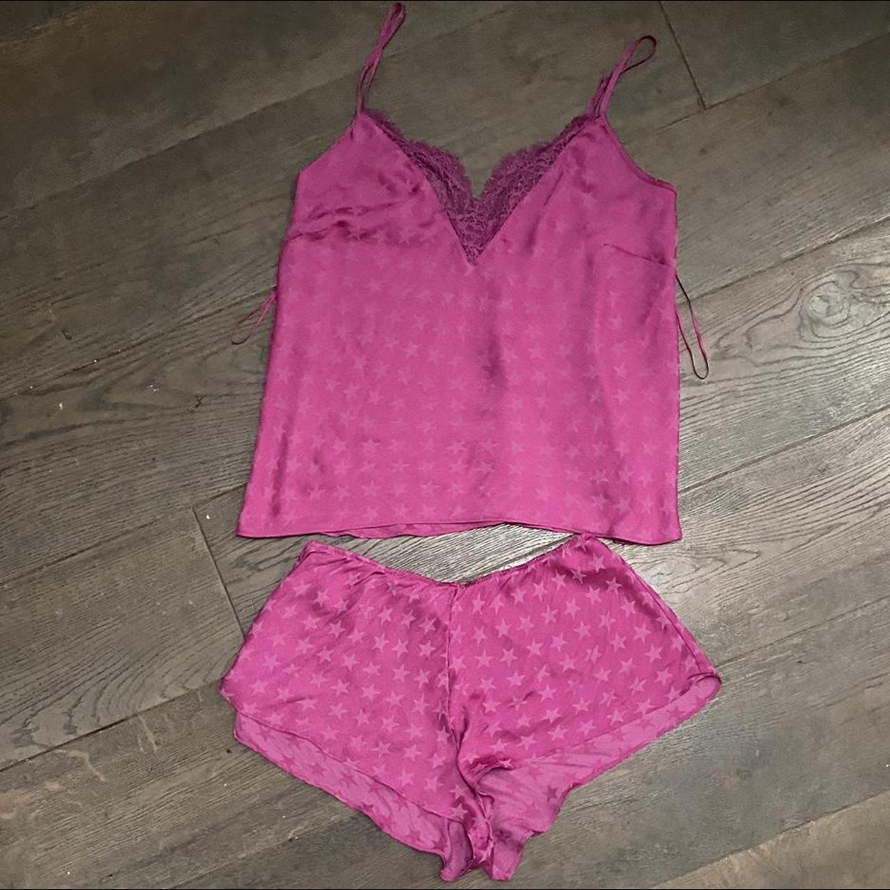 Gorgeous pink star print lace and satin pyjama set - Depop