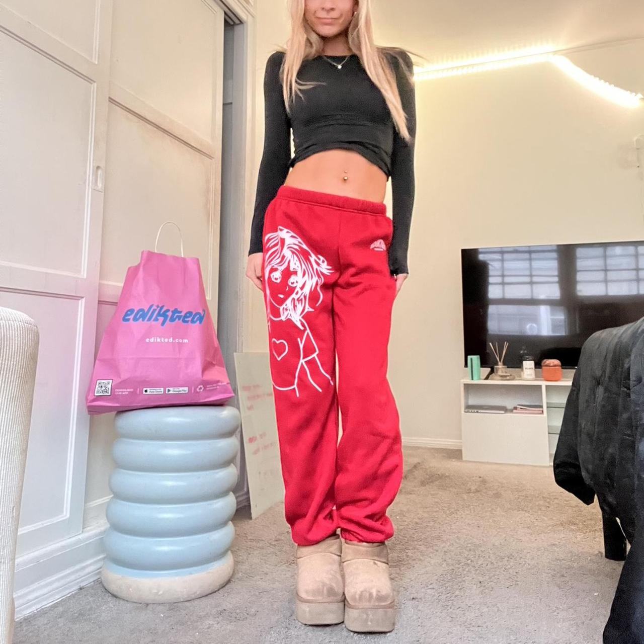 edikted red anime girl heart print sweatpants... - Depop