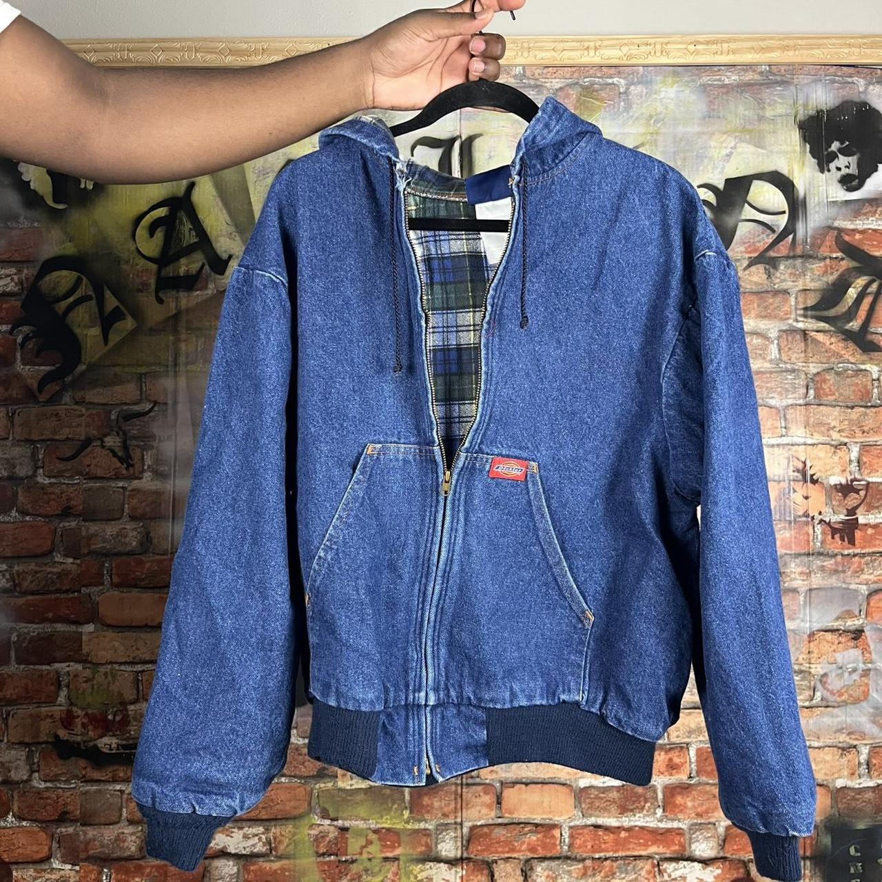 Blue denim work jacket with a hoodie and a plaid... - Depop