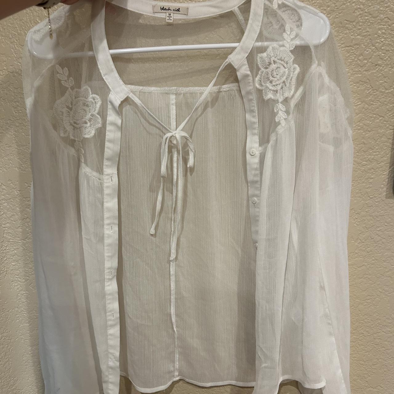 super cute sheer button up with tie in the... - Depop