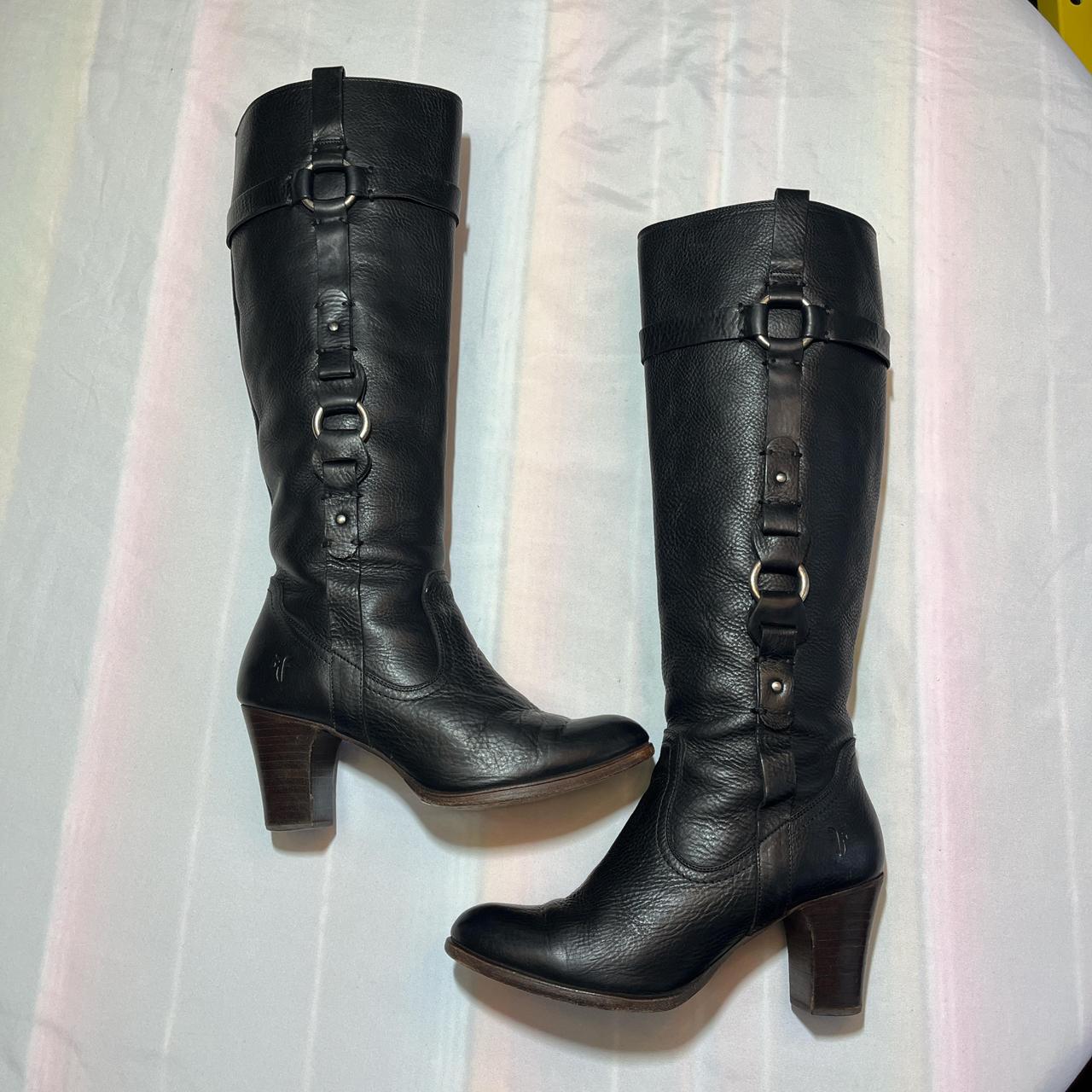 Frye Fiona Leather Moto Boots Tall Knee High Zip... | Depop