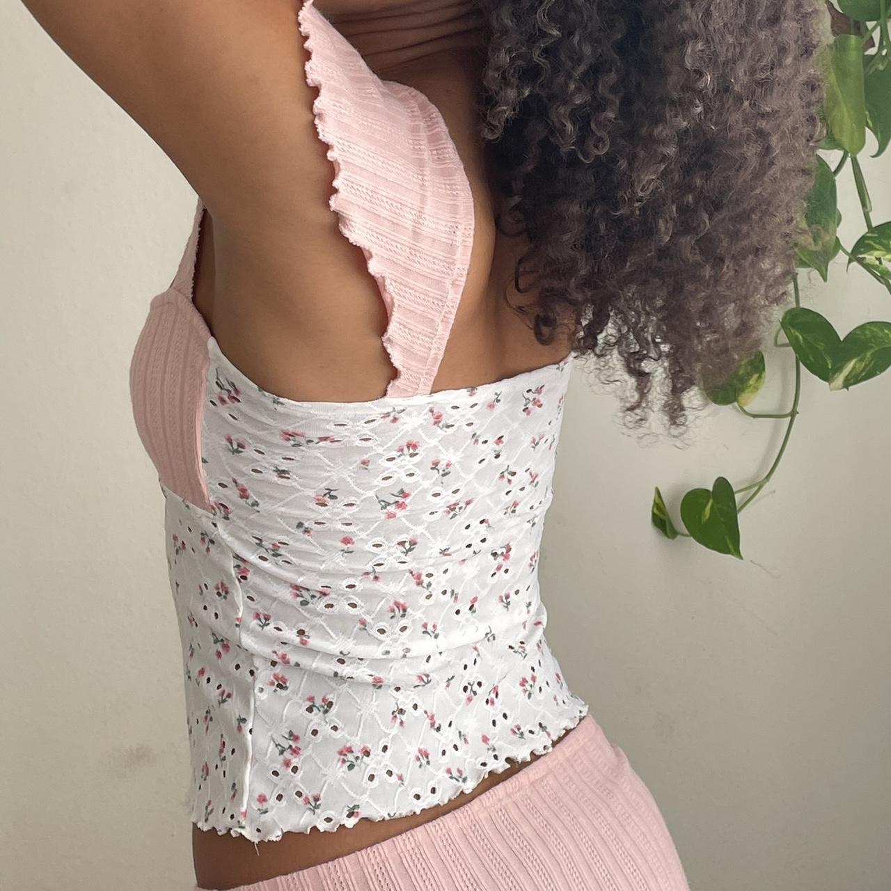 Sarah top - cropped fit Eyelet top with a pink... - Depop