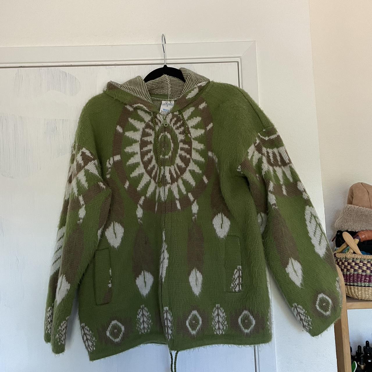 Green and cream dream catcher wool sweater/jacket... - Depop